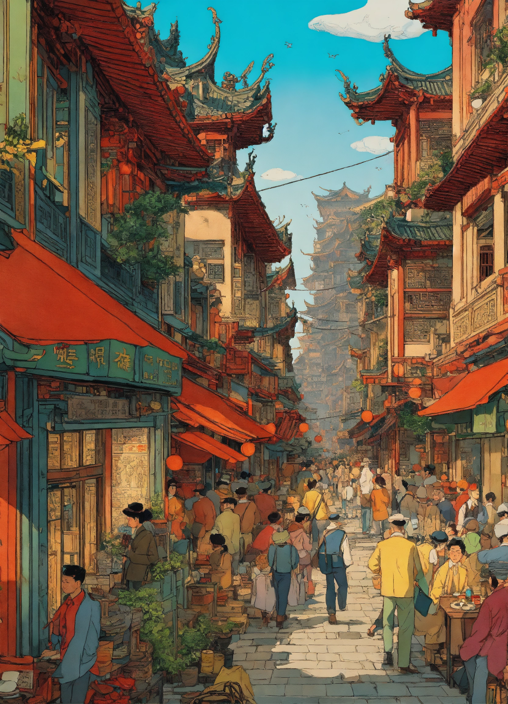 Lexica - Detailed, vibrant illustration of old Shanghai buildings, by ...