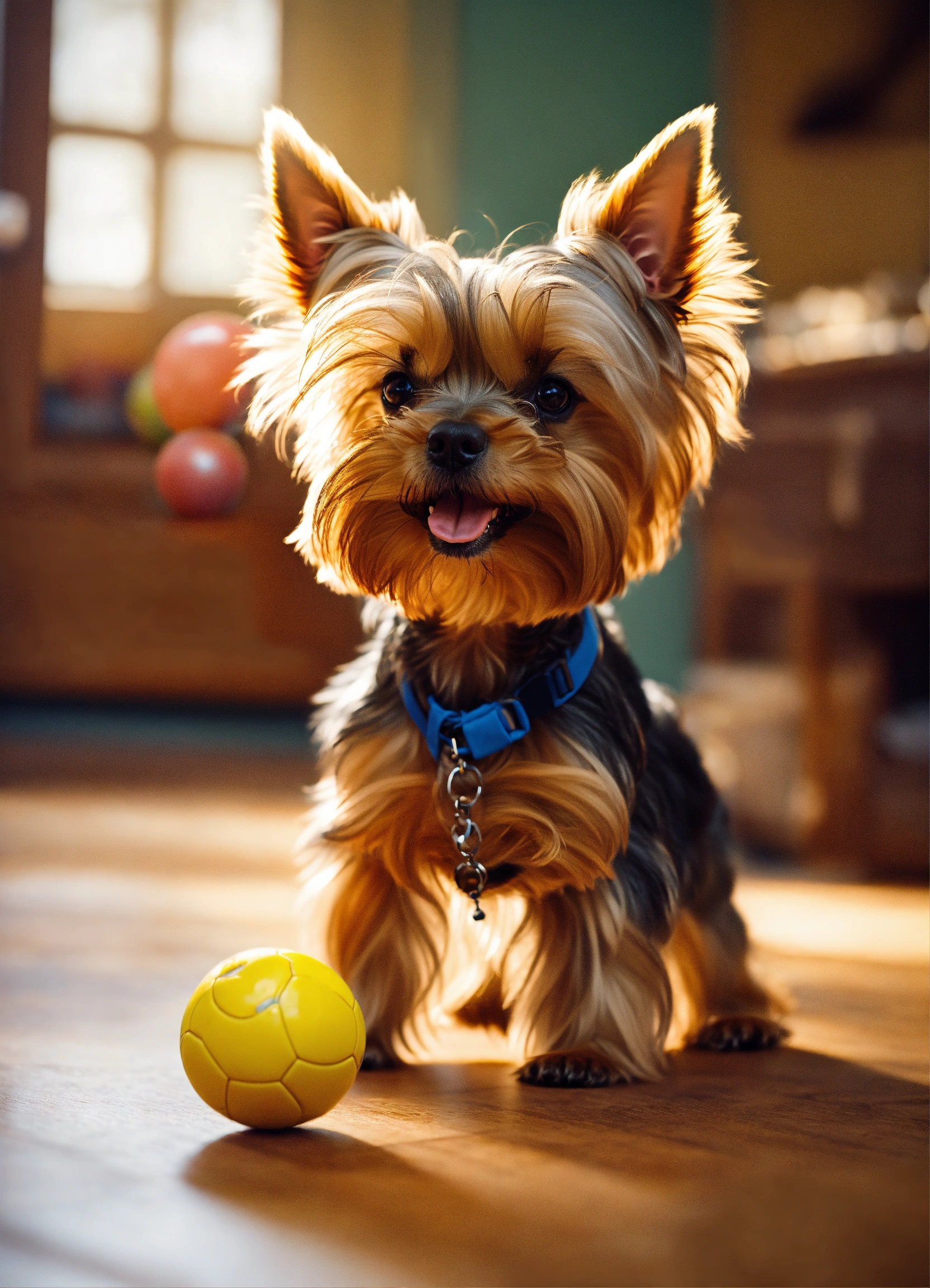 Lexica - Yorkshire terrier dog in a house, playing with a ball in PIXAR ...