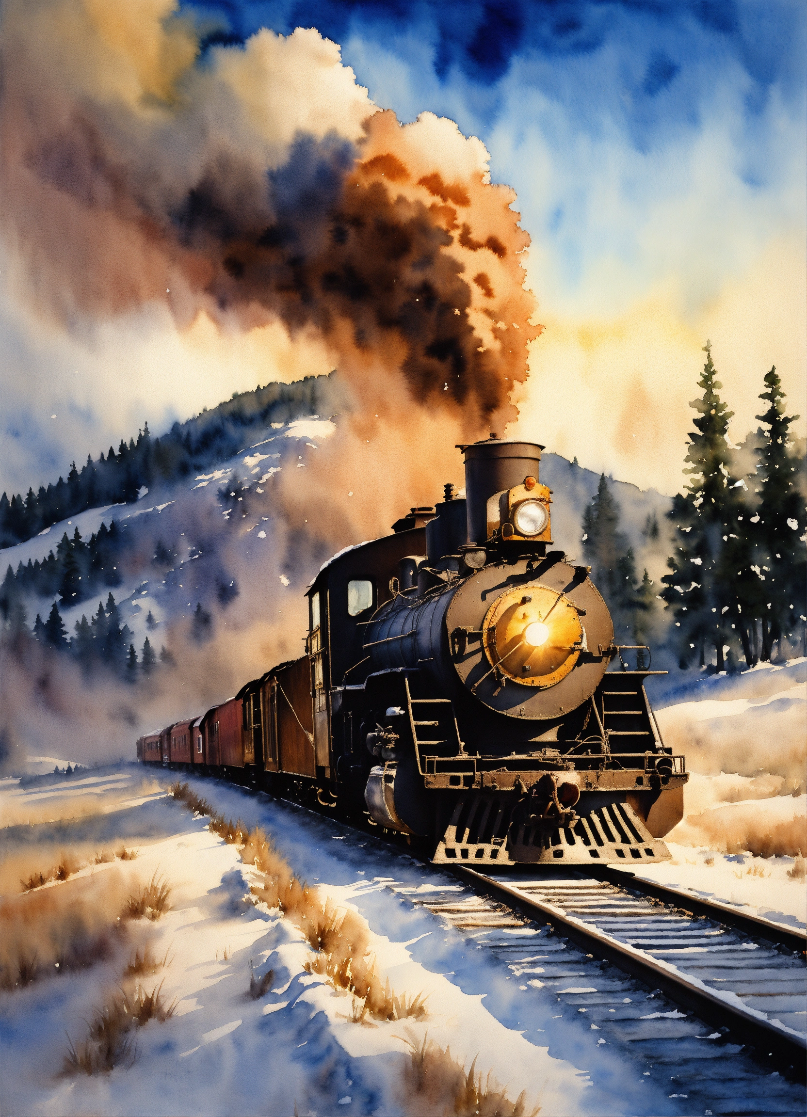 Lexica - Create a watercolor painting of an old Western Railroad Train ...