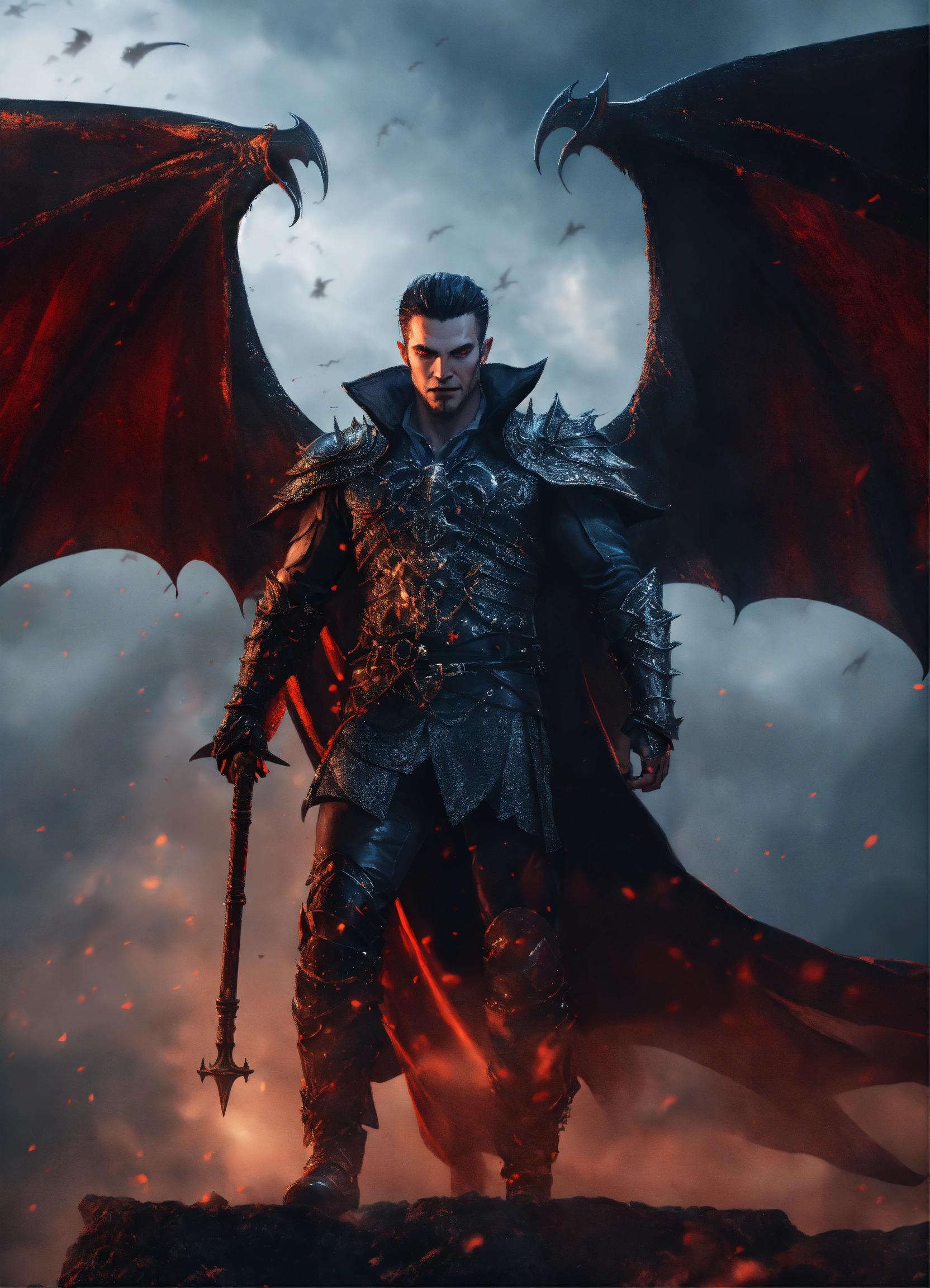 Lexica - Full body strong muscular evil vampire man entangled in a dark mist spiral, attractive ...