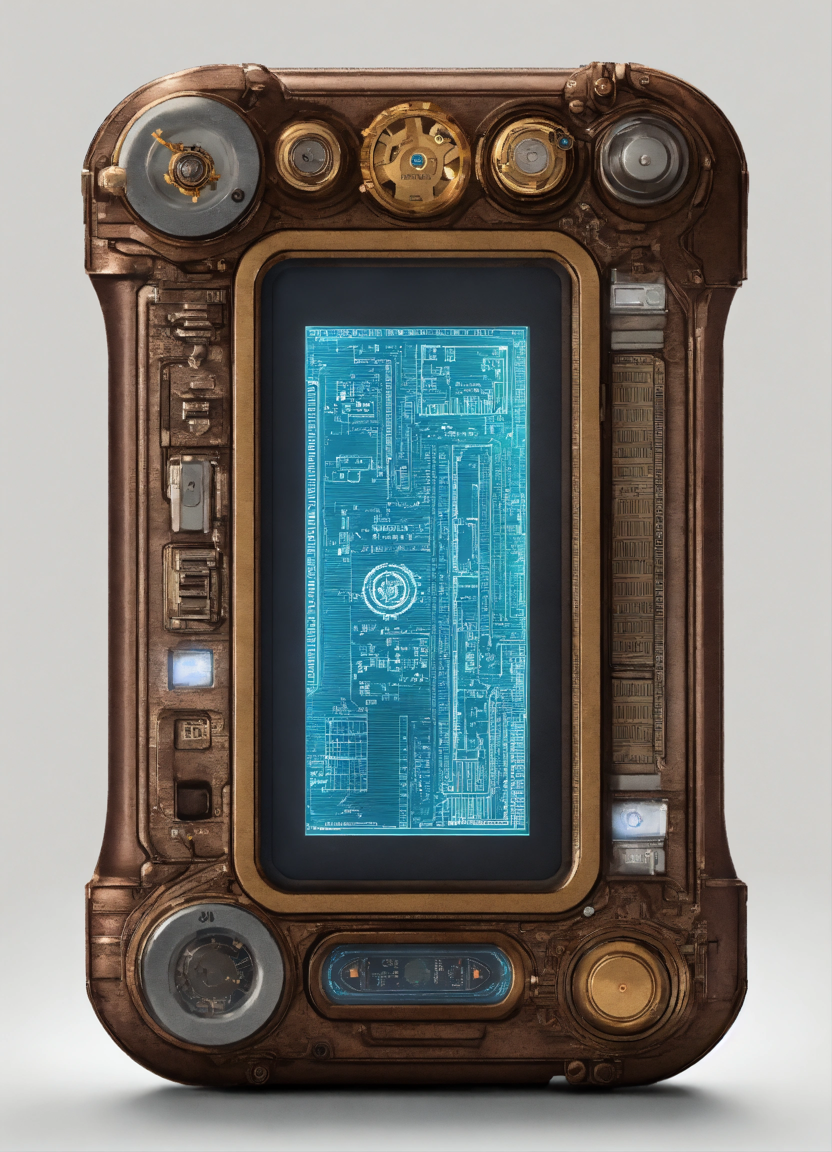 Lexica - Micro handheld gaming device, screen in center, steampunk ...