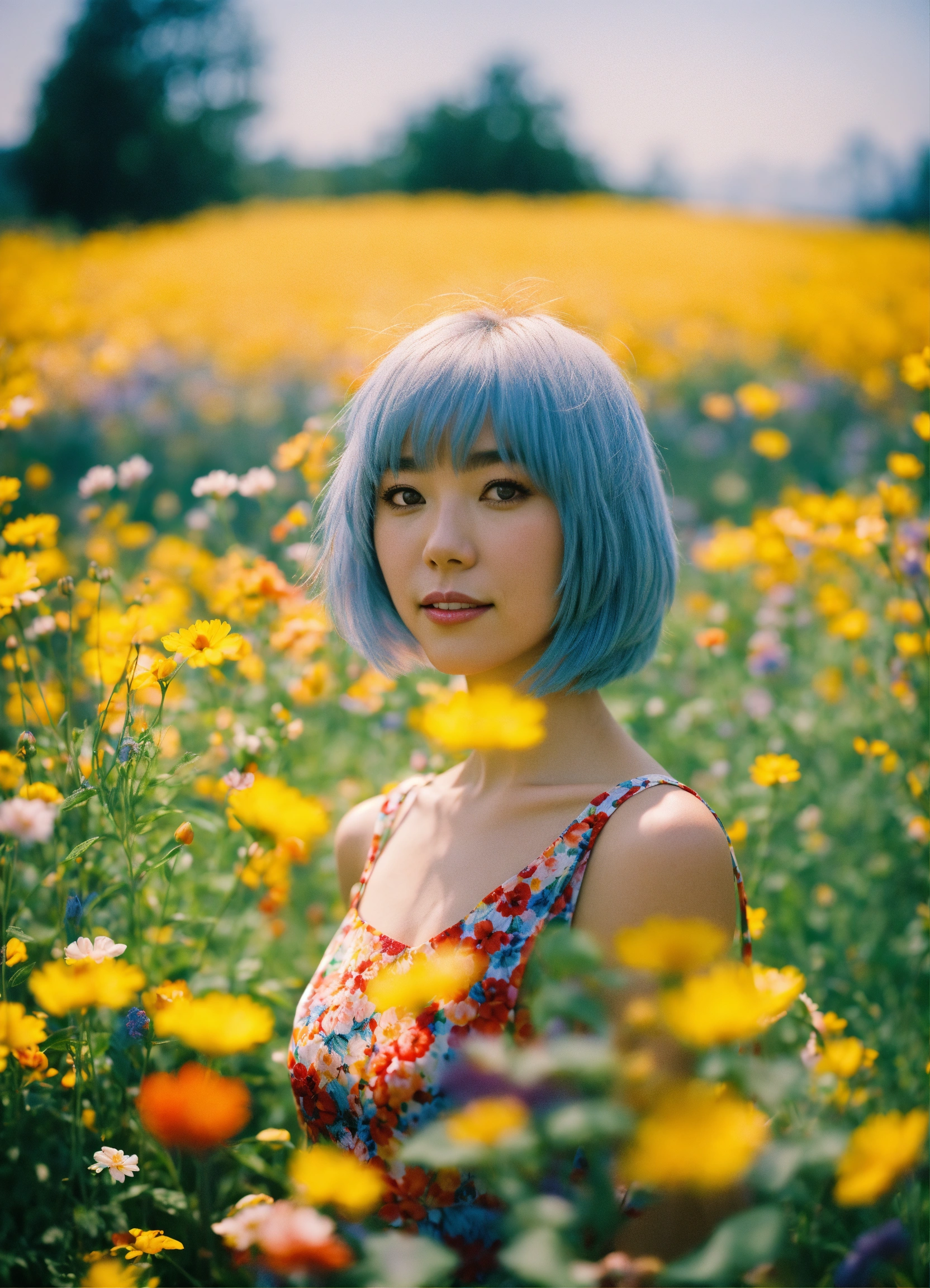 Lexica - Happy Rei Ayanami standing in a beautiful field of flowers ...