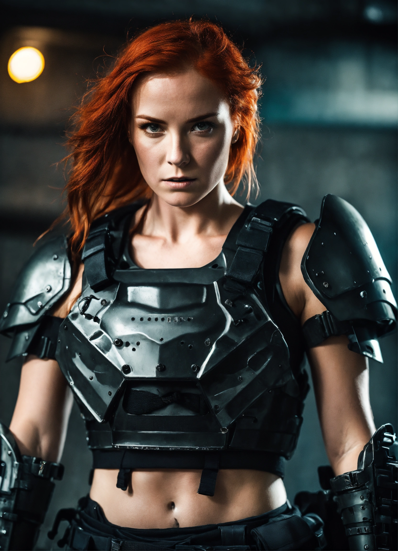 Lexica - Female athletic red hair model wearing black metal military ...