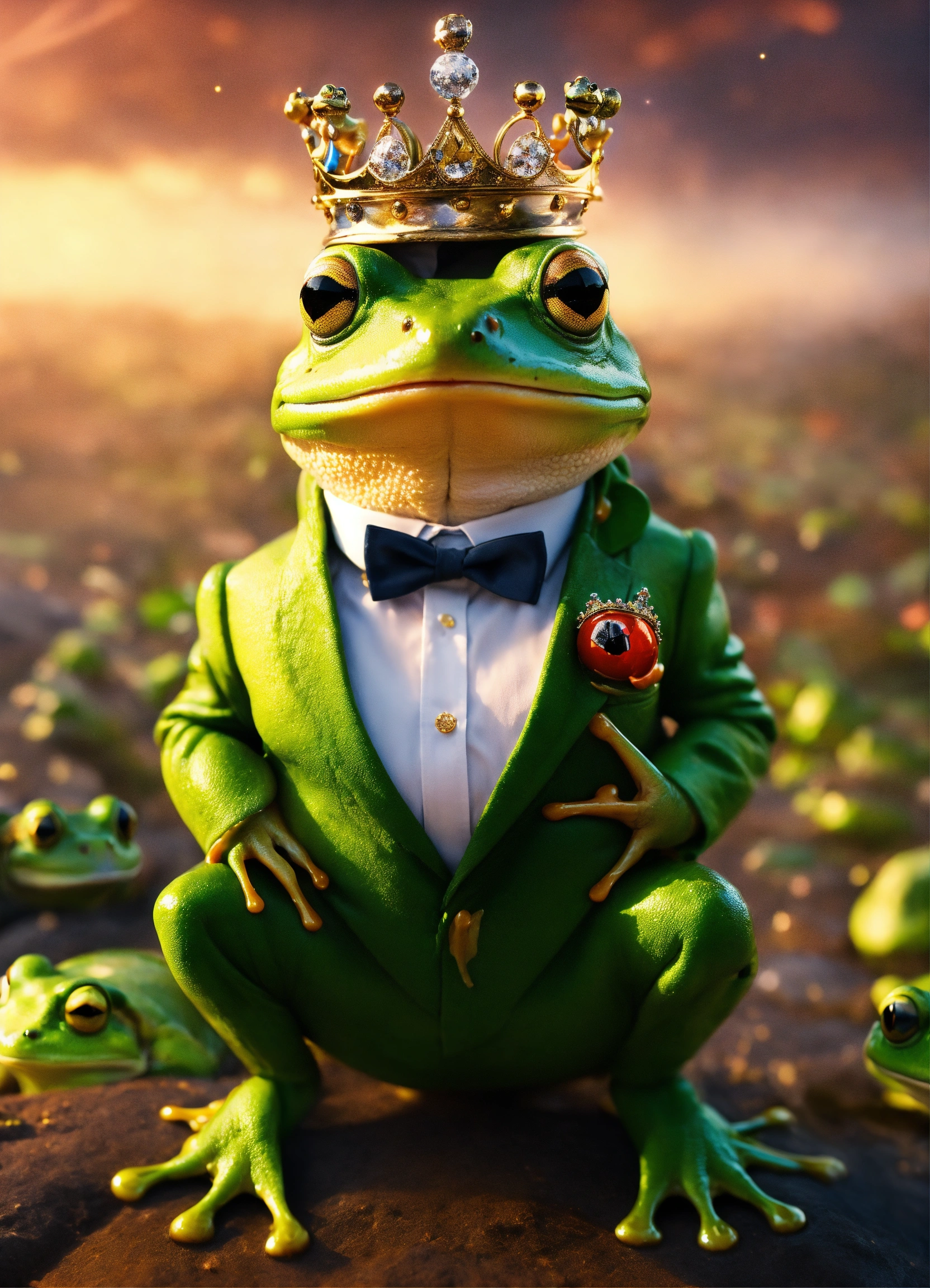 Lexica - Cute frog in suit and crown with lady frog taking a chance ...