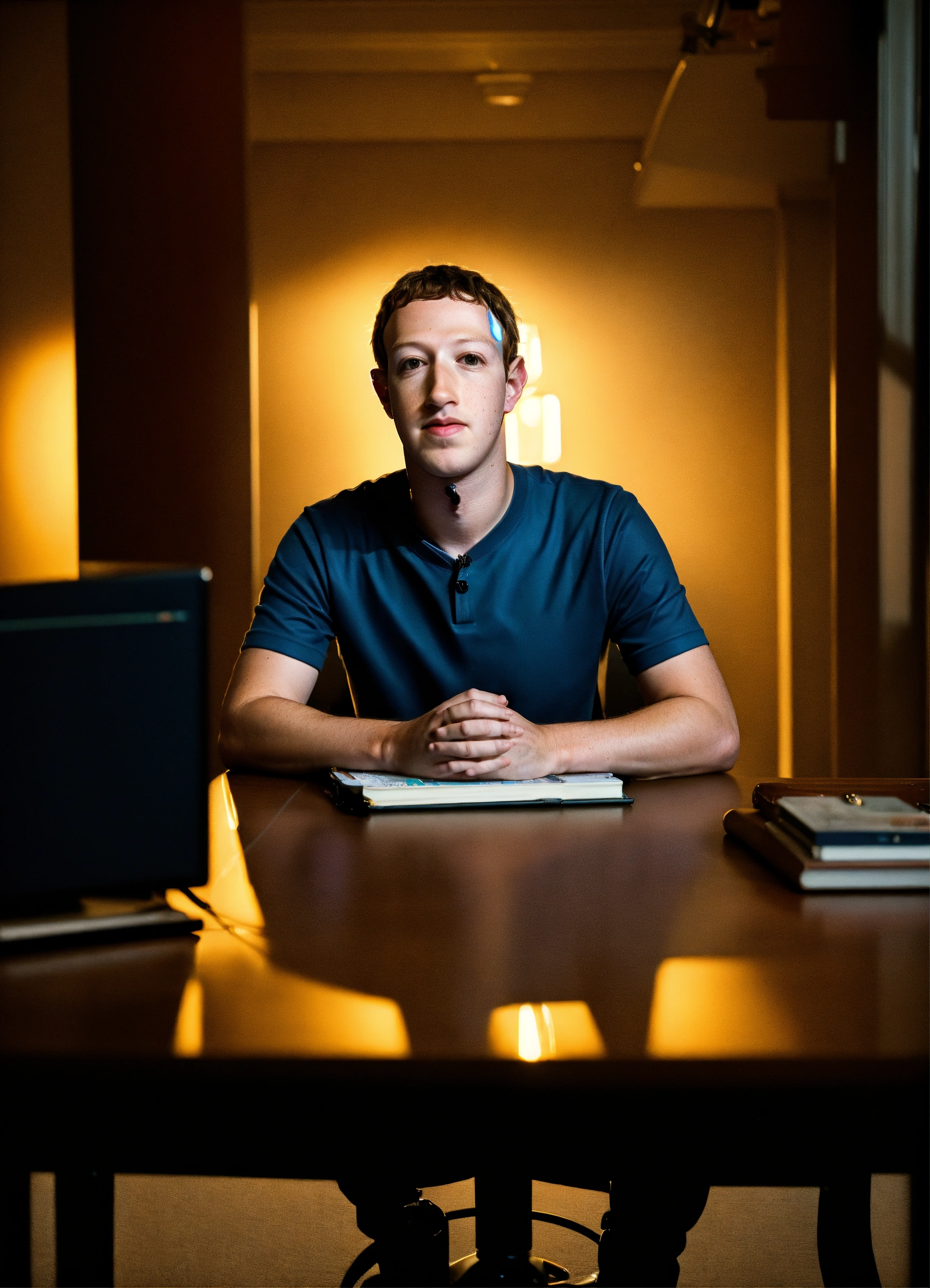Lexica - A portrait of Mark Zuckerberg, at his desk, looking at the ...