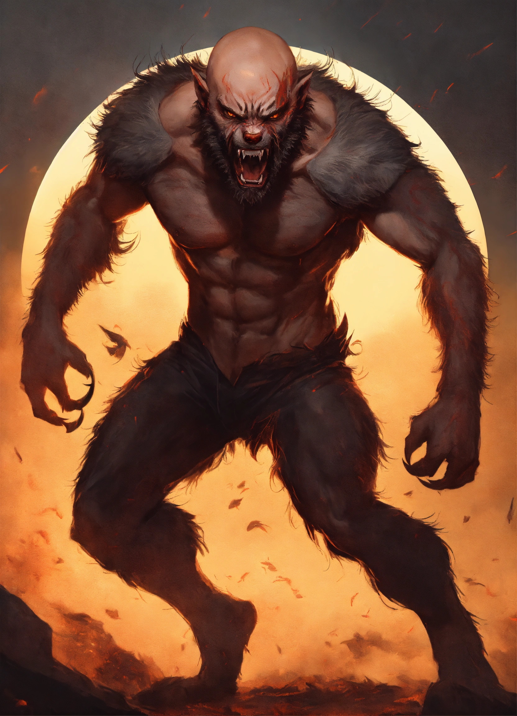 Lexica - A young bald man with beard with sharp claws and bared fangs a ...