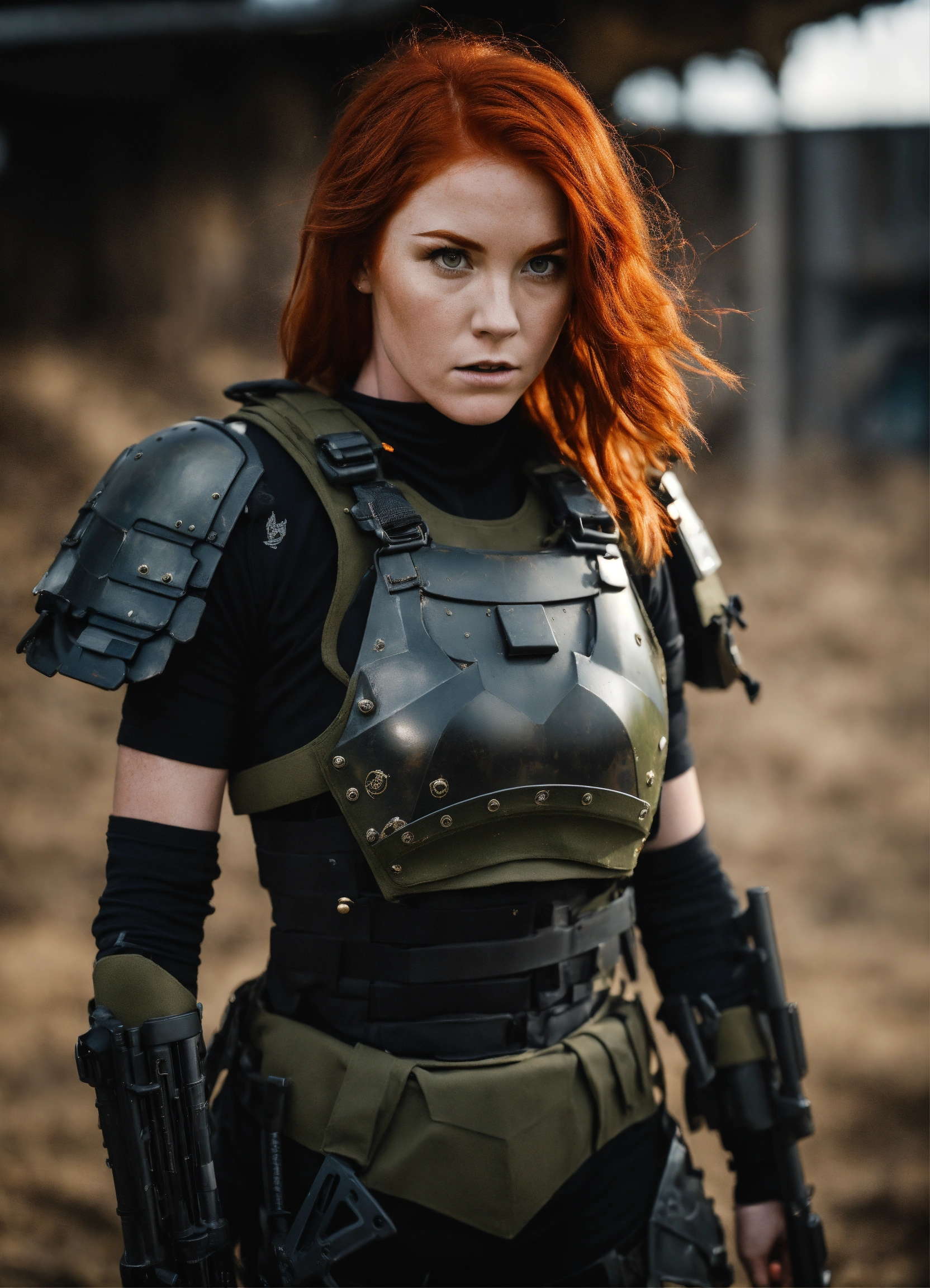 Lexica - Female athletic red hair model wearing black metal military ...