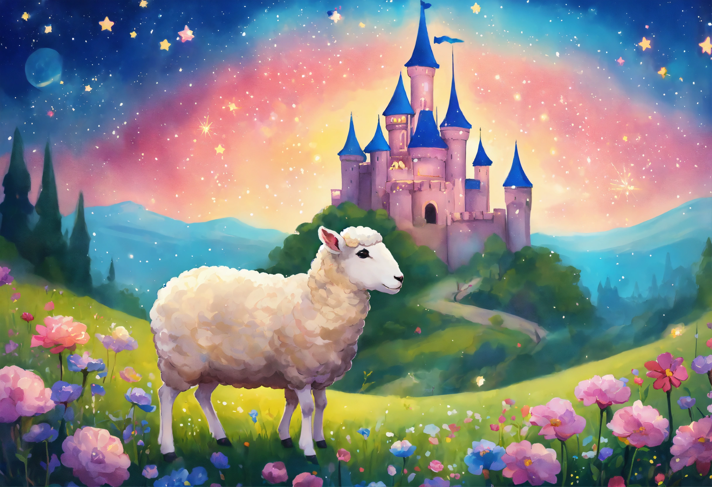 Lexica - Illustration of nursery art baby sheep in front of fairy tale ...