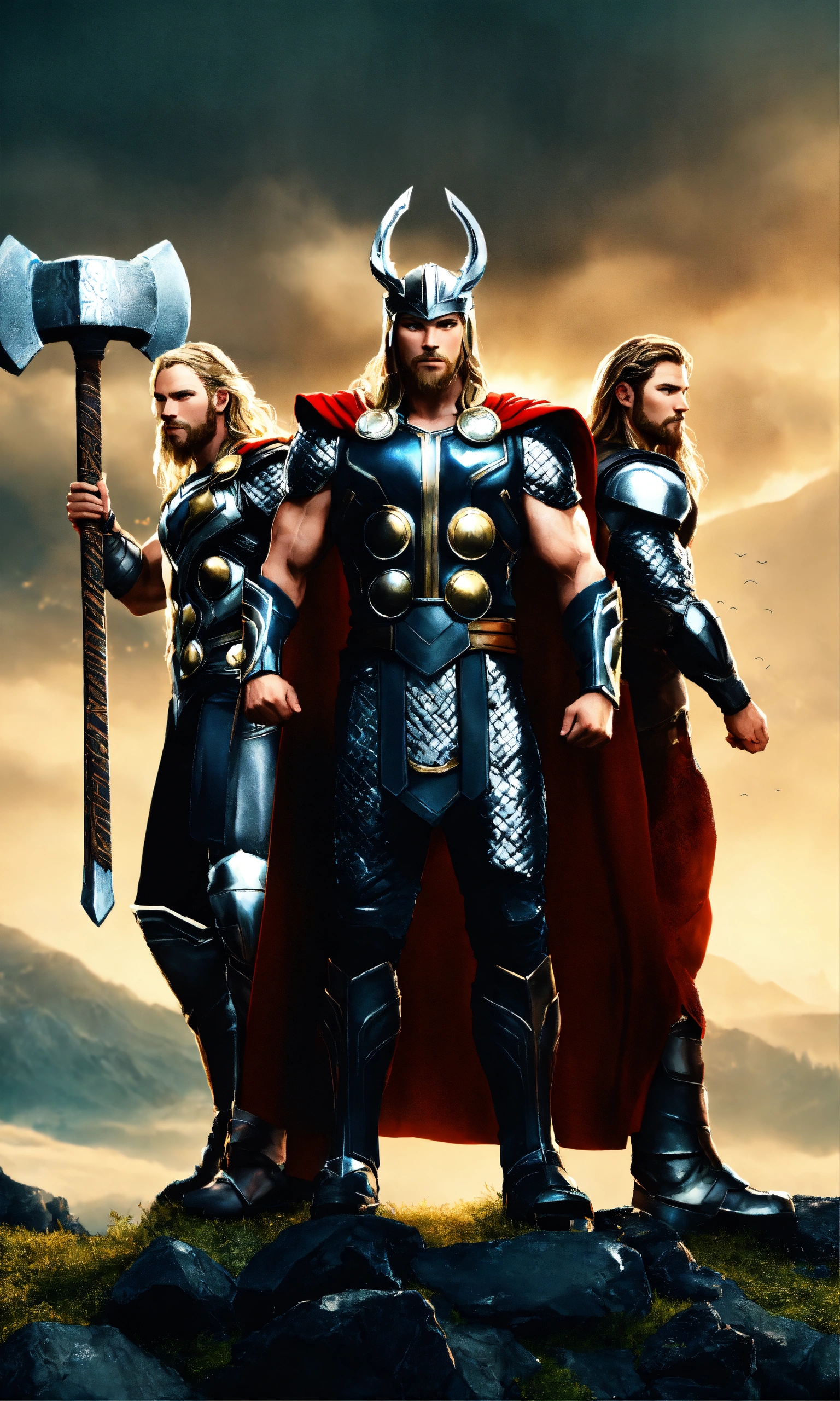 Lexica - 3 Thor standing together, nature background, 2D render