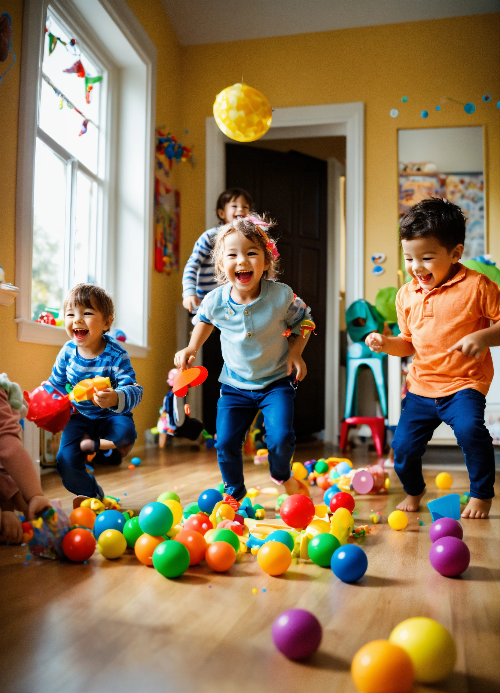 Lexica - Six cheerful and active children scatter toys throughout the house