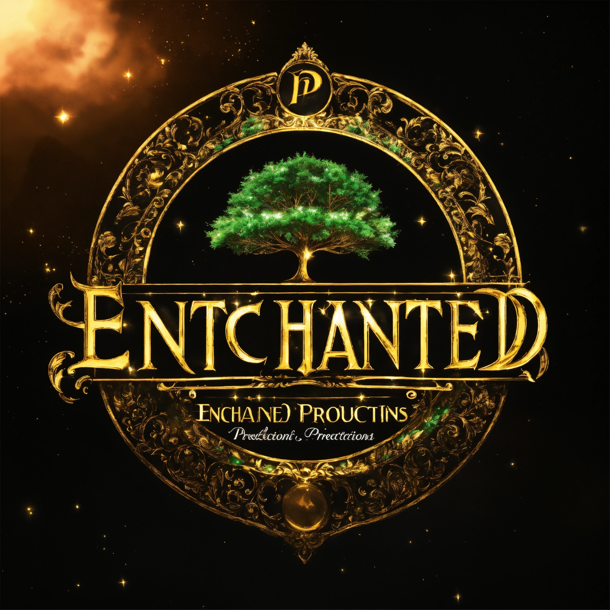 Lexica - 'Enchanted Productions' logo design, black background, realistic illustration