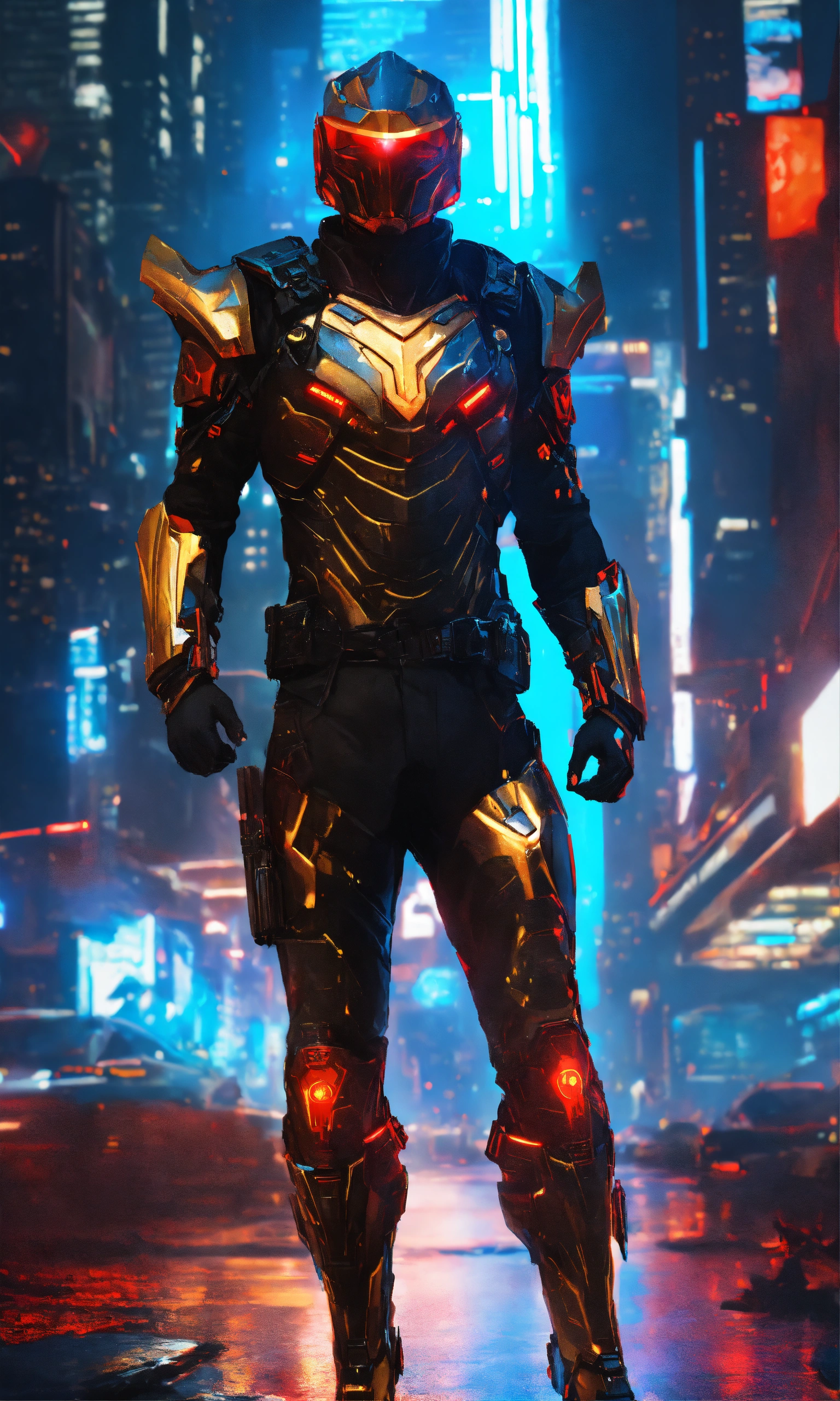 Lexica - Futuristic superhero, wearing suit of black armor, neon blue ...