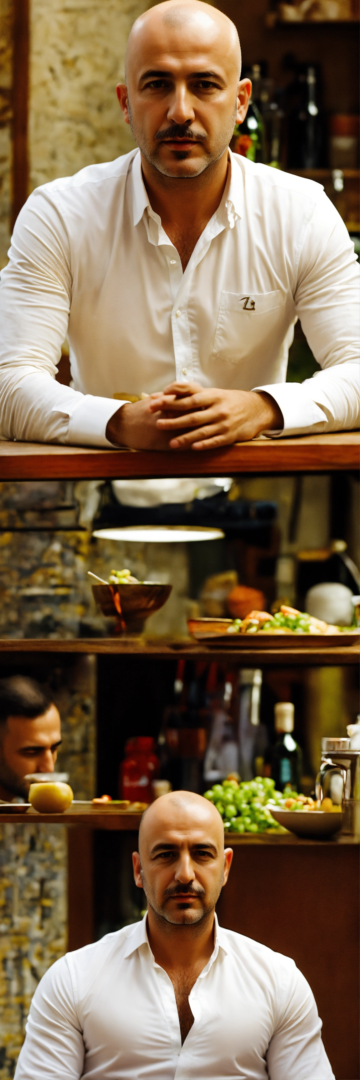 Lexica - Turkish bald guy white shirt sitting on table shaved