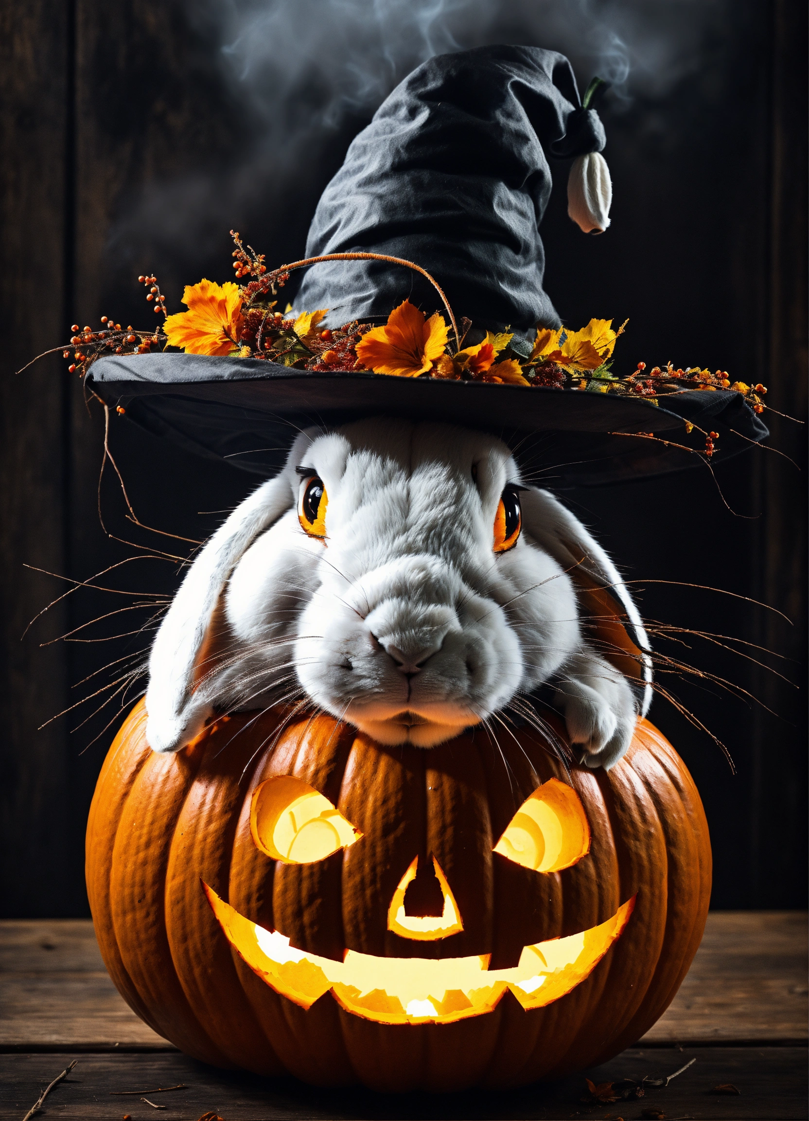 Lexica - Spooky white rabbit with orange eyes wearing a witches hat ...