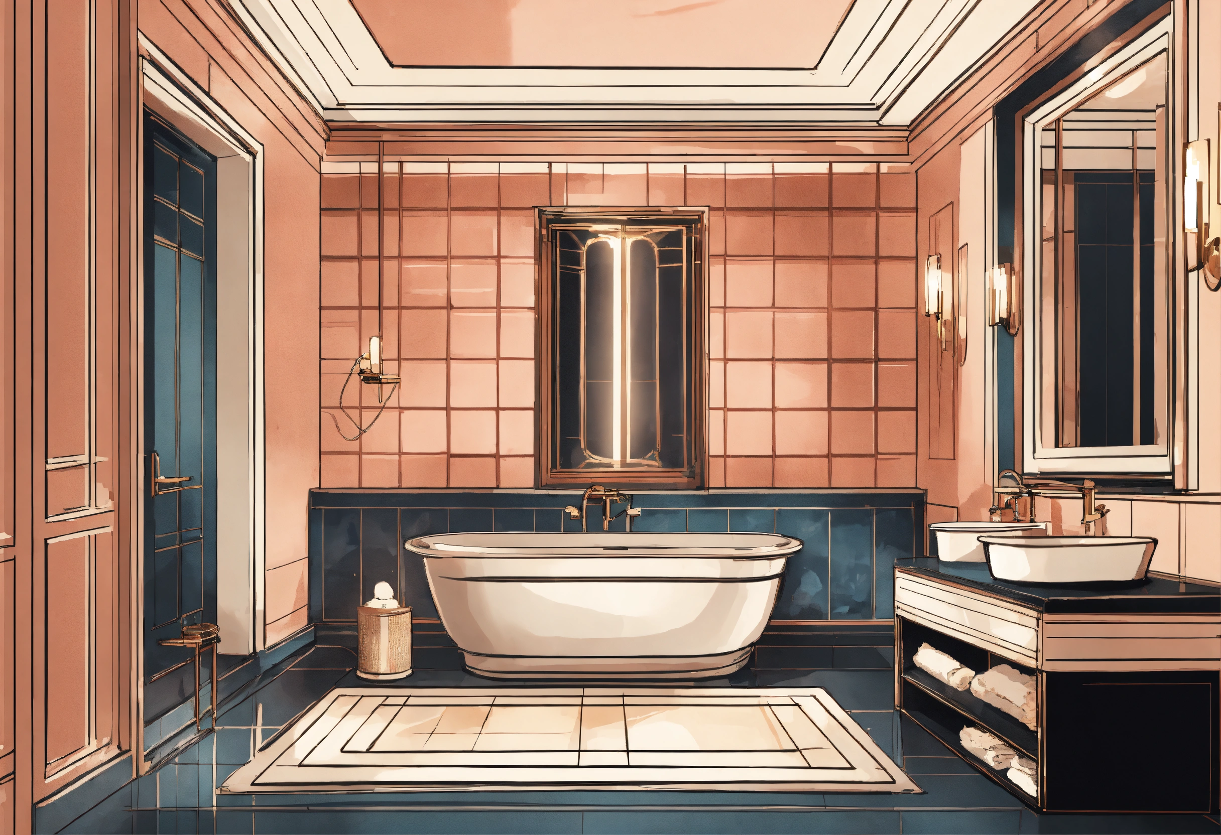 Lexica - LUXURY BATHROOM 2D ILLUSTRATION, BOOK ILLUSTRATION STYLE