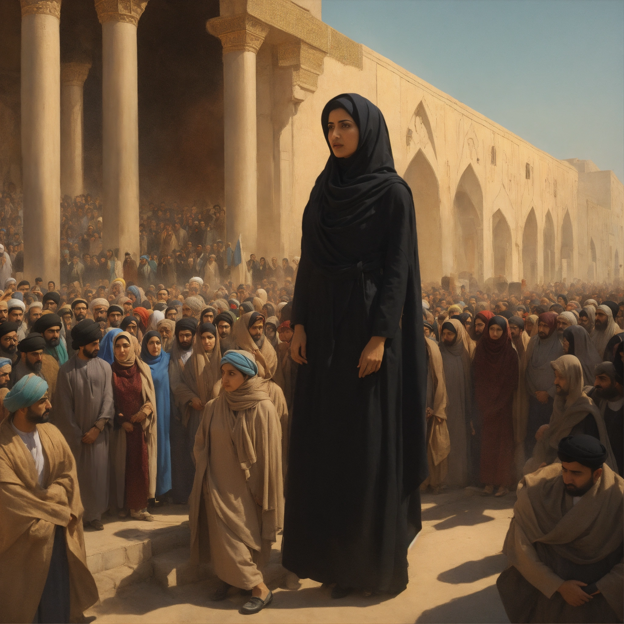 Lexica - 1. A defiant Iranian woman standing unveiled amidst a crowd of ...