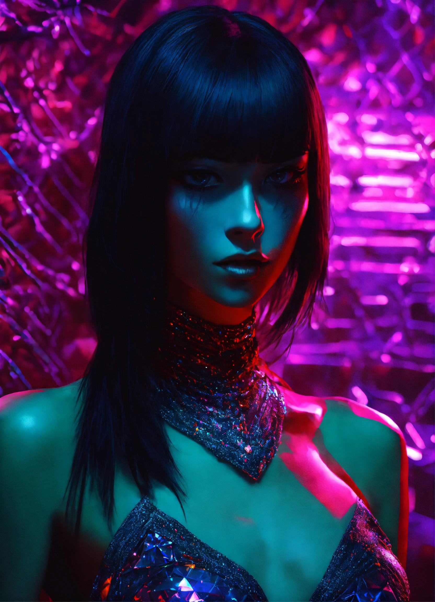 Lexica - Photorealistic female the grudge in a diamond suit in a Blacklight DMT demon dubstep club