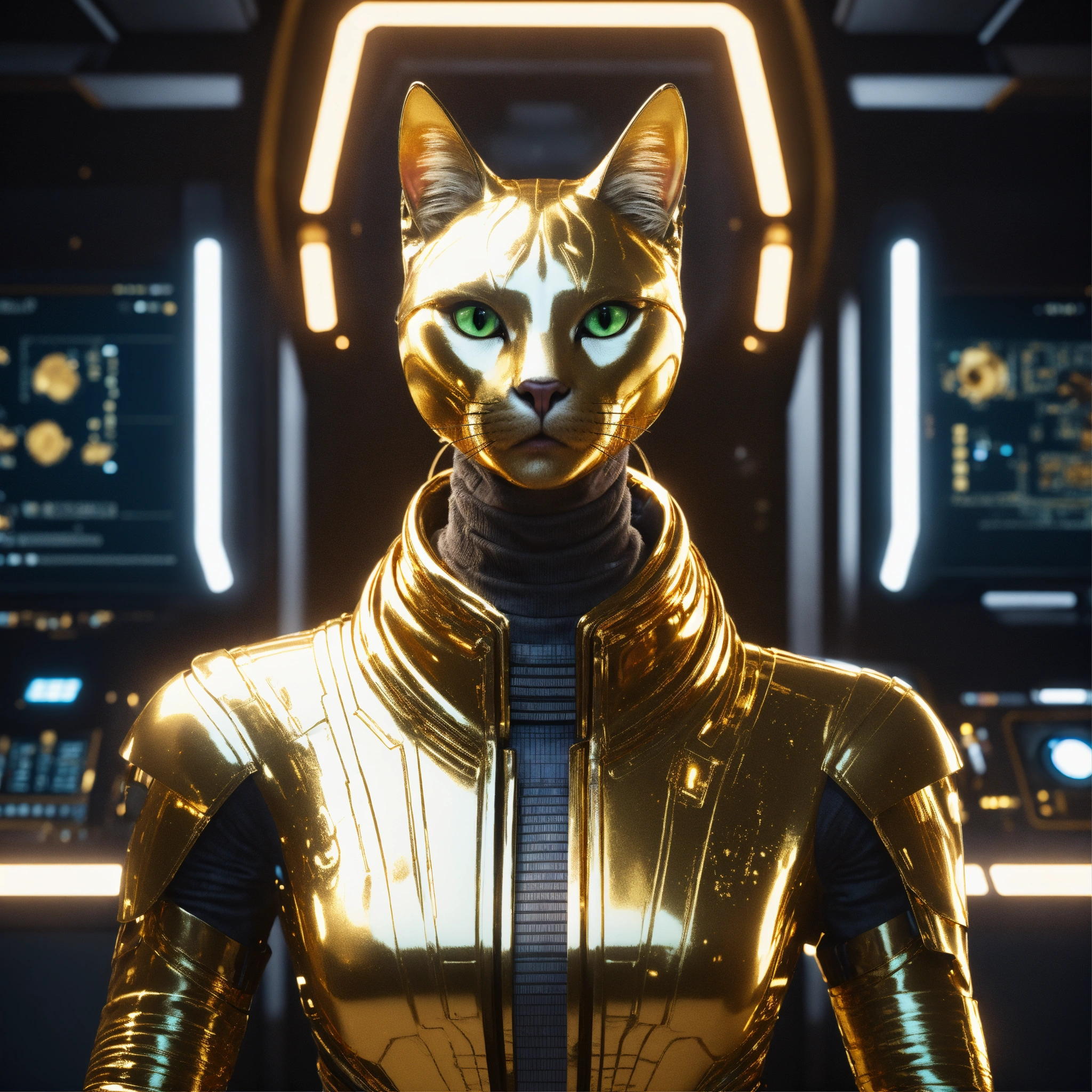Lexica - Zoom out from a sophisticated gold striped cat faced humanoid ...