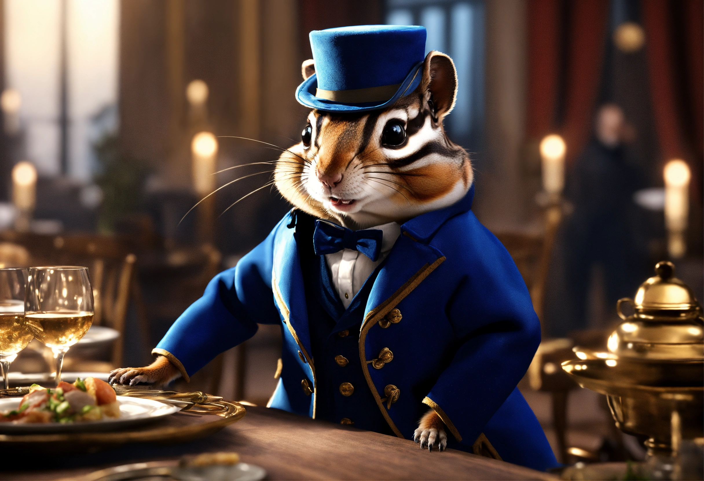 Lexica - A chipmunk wearing a blue victorian coat at a dinner party ...