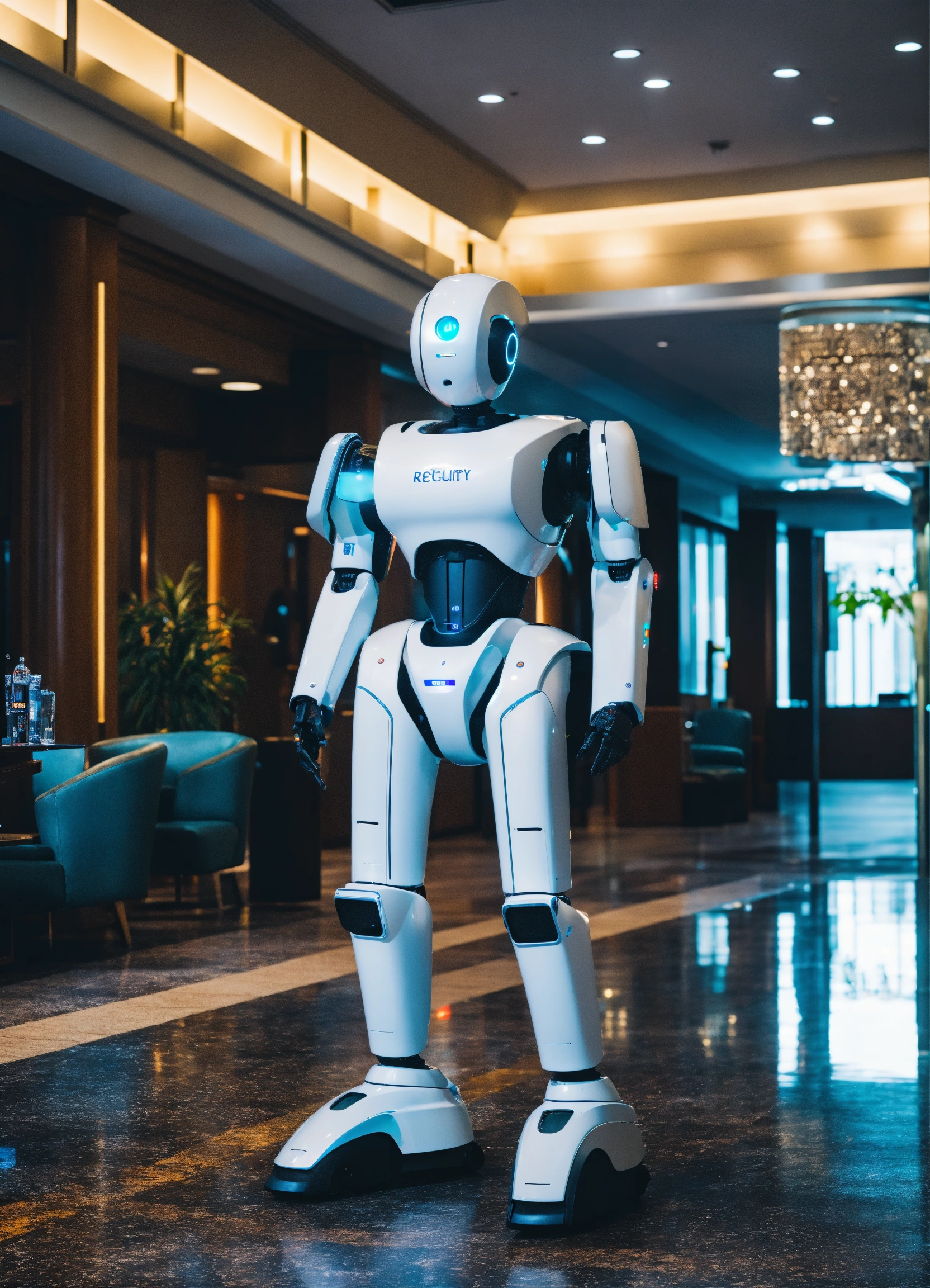 Lexica - Cyberpunk security robot in a hotel lobby
