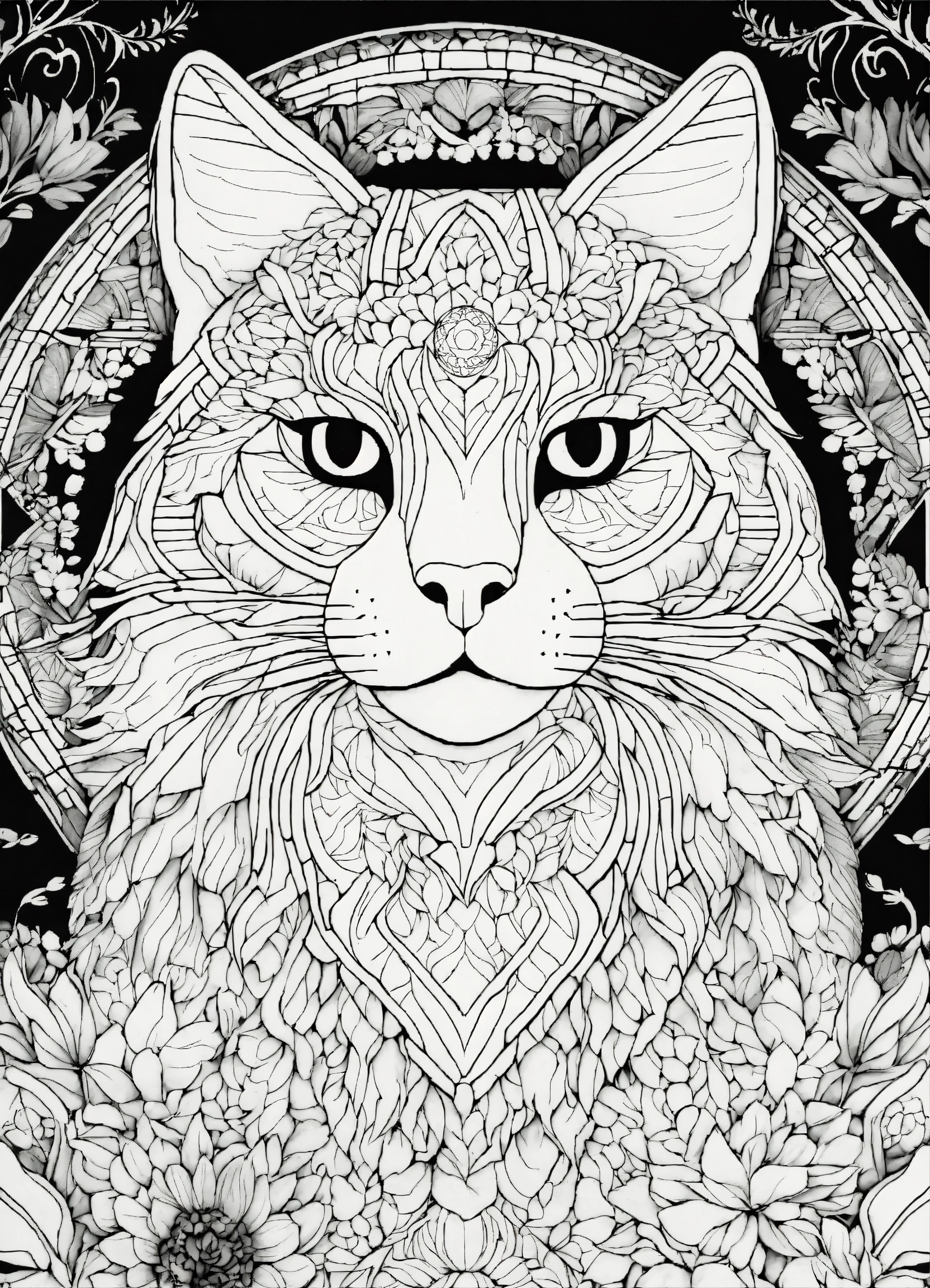 Lexica - Coloring page for adults, bold lines, dark lines, mandala cat ...