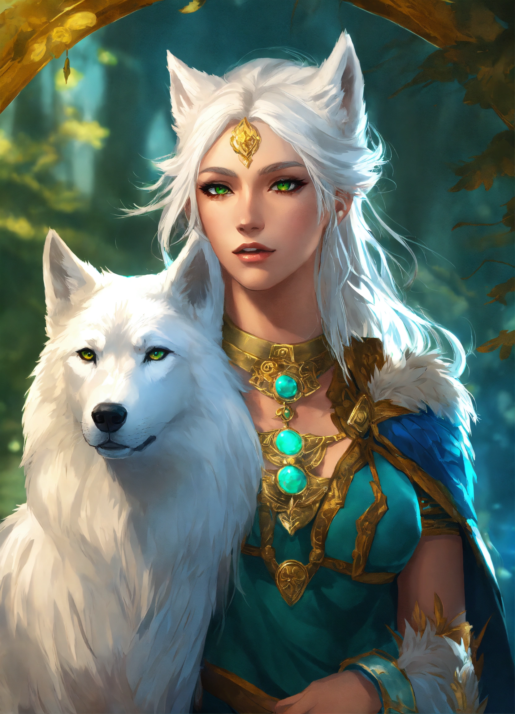 Lexica - Aasimar, female, Druid, gold eyes, white hair, blue-green skin ...
