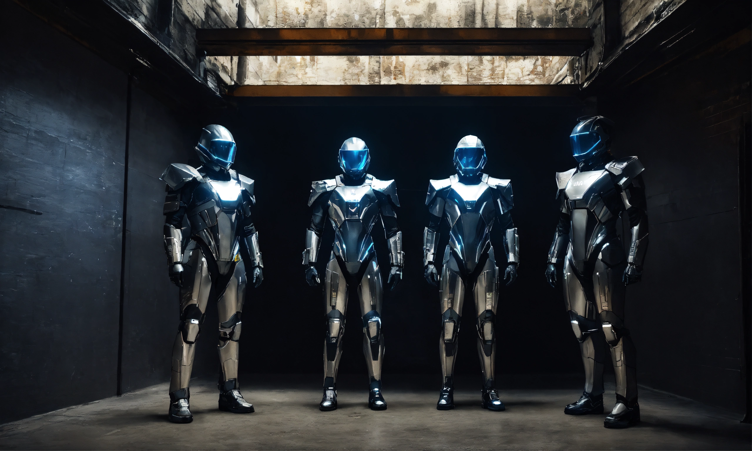 Lexica - An ultrarealistic photograph of three different minimalist futuristic full body power ...