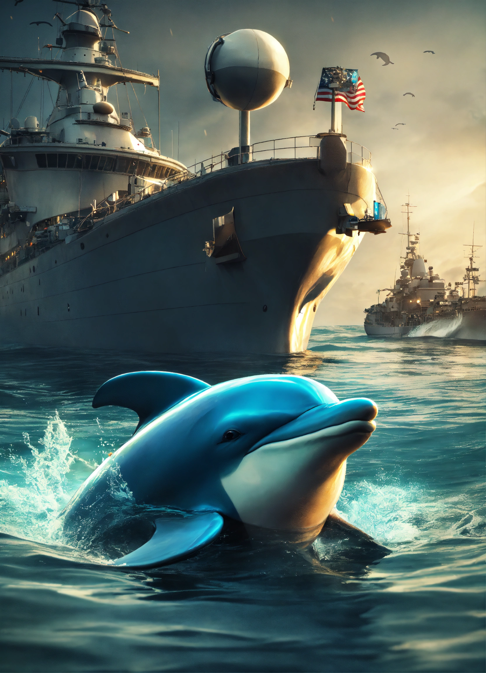 Lexica - A sad dolphin in large headphones looks out of the water at an American warship and ...