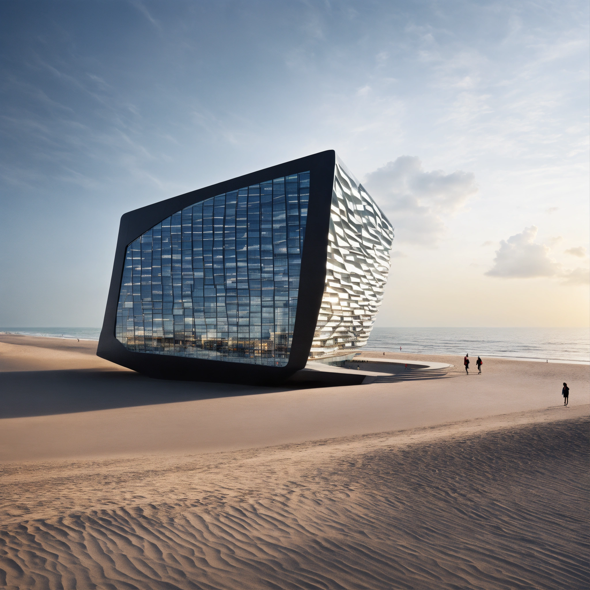 Lexica - Zaha Hadid minimalist skyscraper at the beach made of diamond.