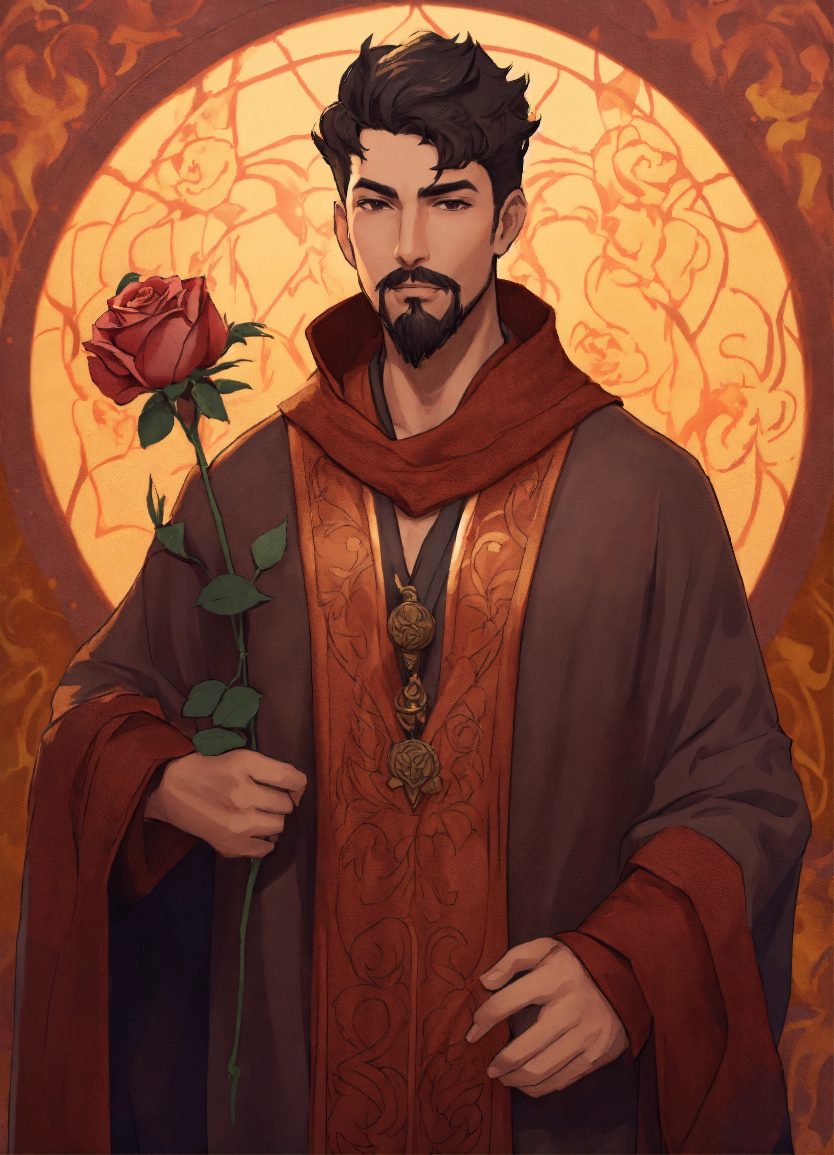 Lexica - Dark short hair, smug, french goatee, clay colored wizard ...