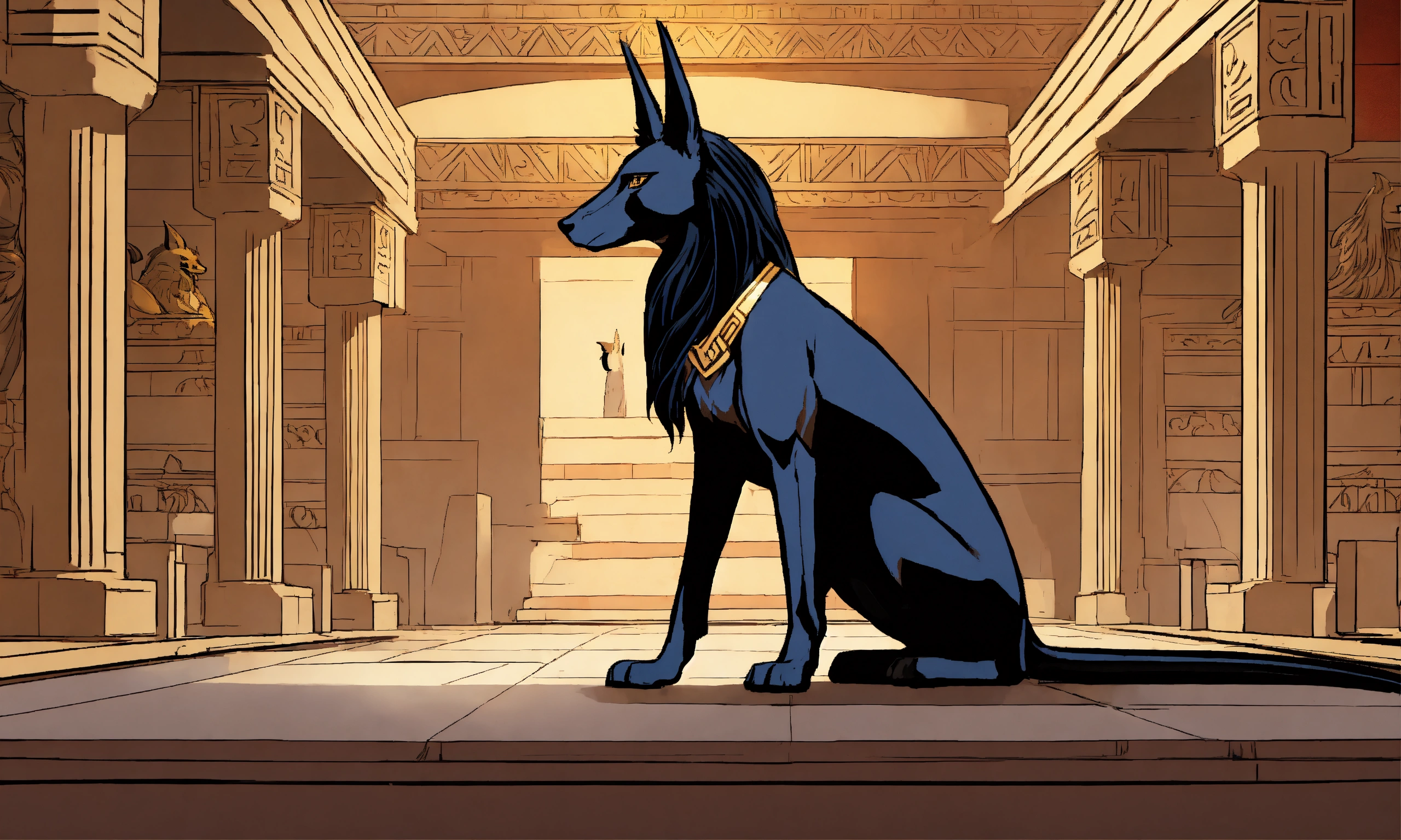 Lexica - Black long haired Anubis at a temple. comic