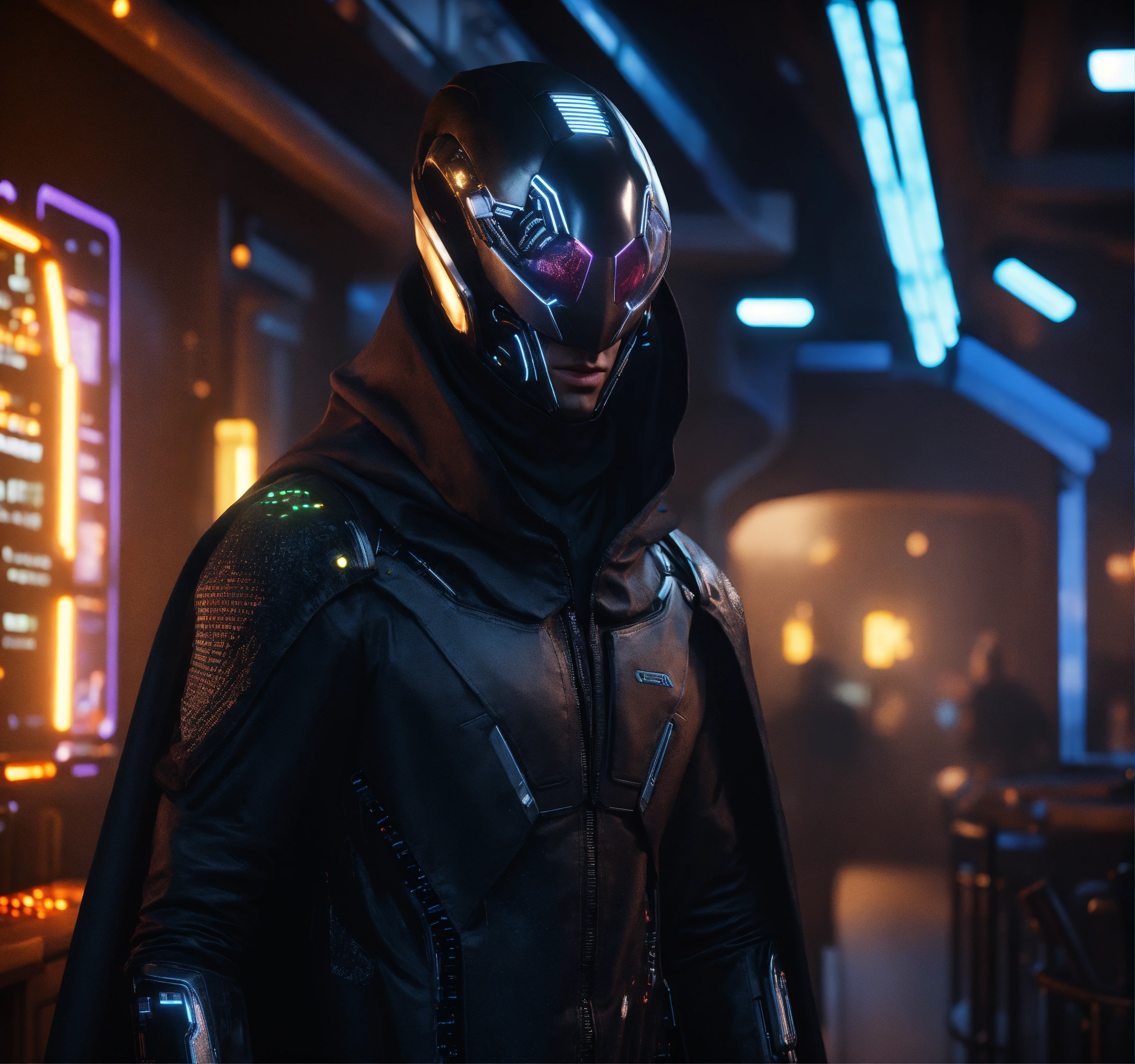 Lexica - Male alien mutant half cyborg hacker wearing a hood, wearing a ...