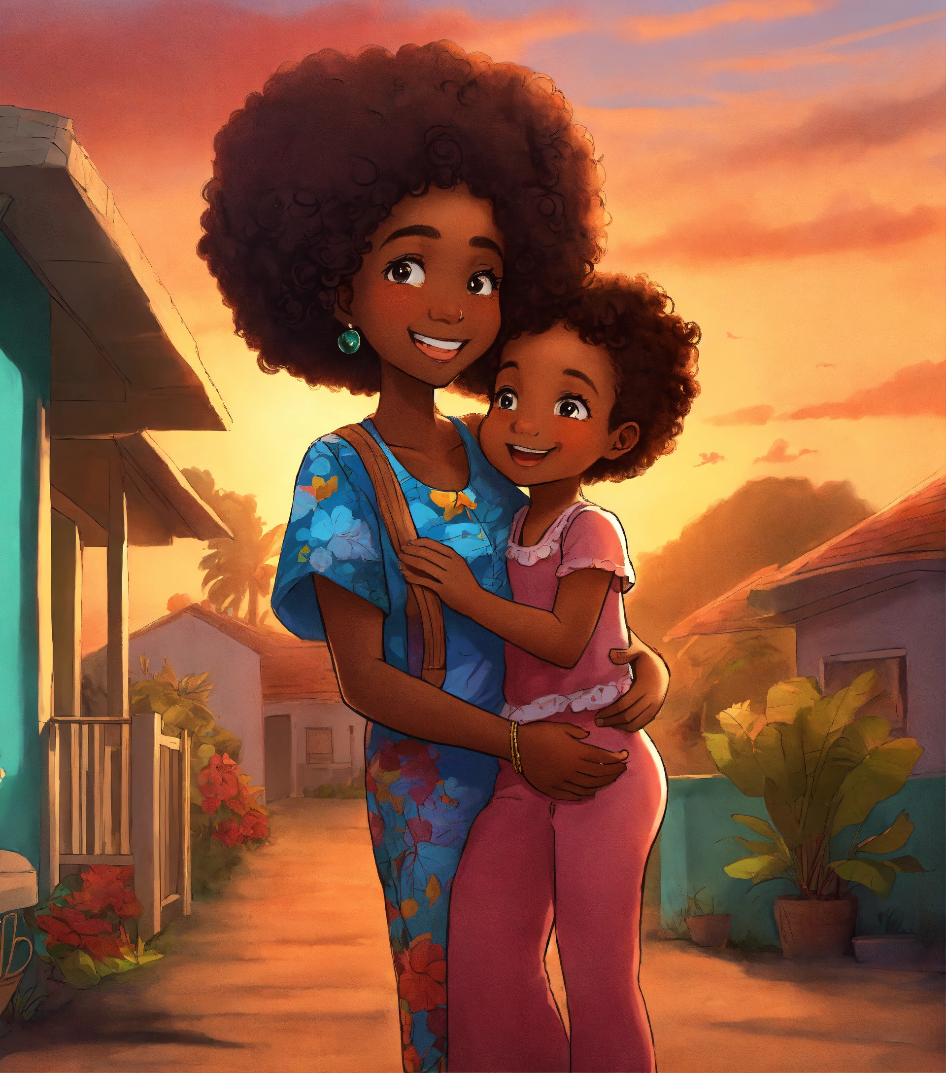 Lexica - A funny cartoon 3-year-old Caribbean girl with a curly afro. Emunah eagerly hugs her ...