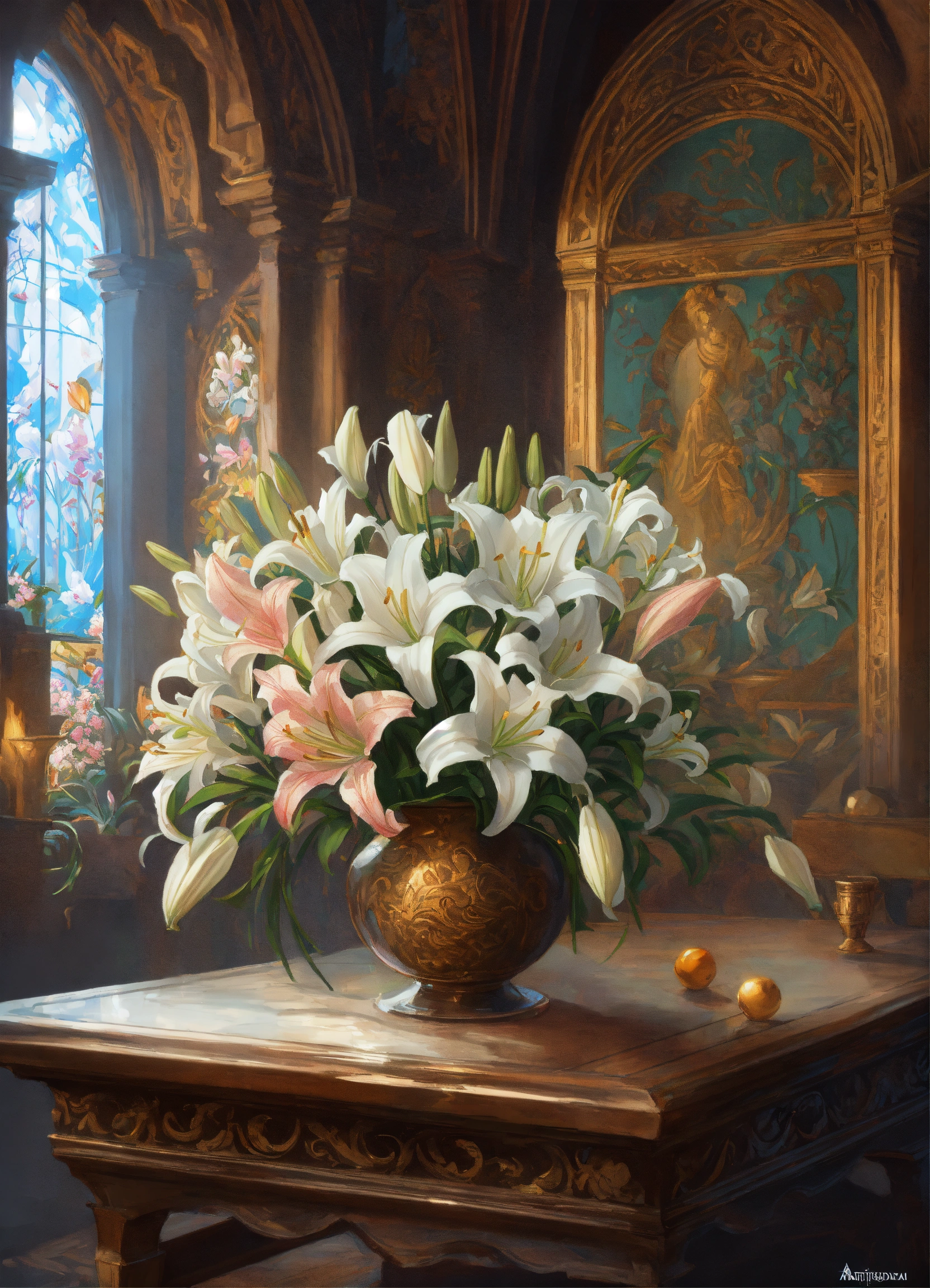 Lexica - A medieval flower arrangement of white lilies in the center of ...