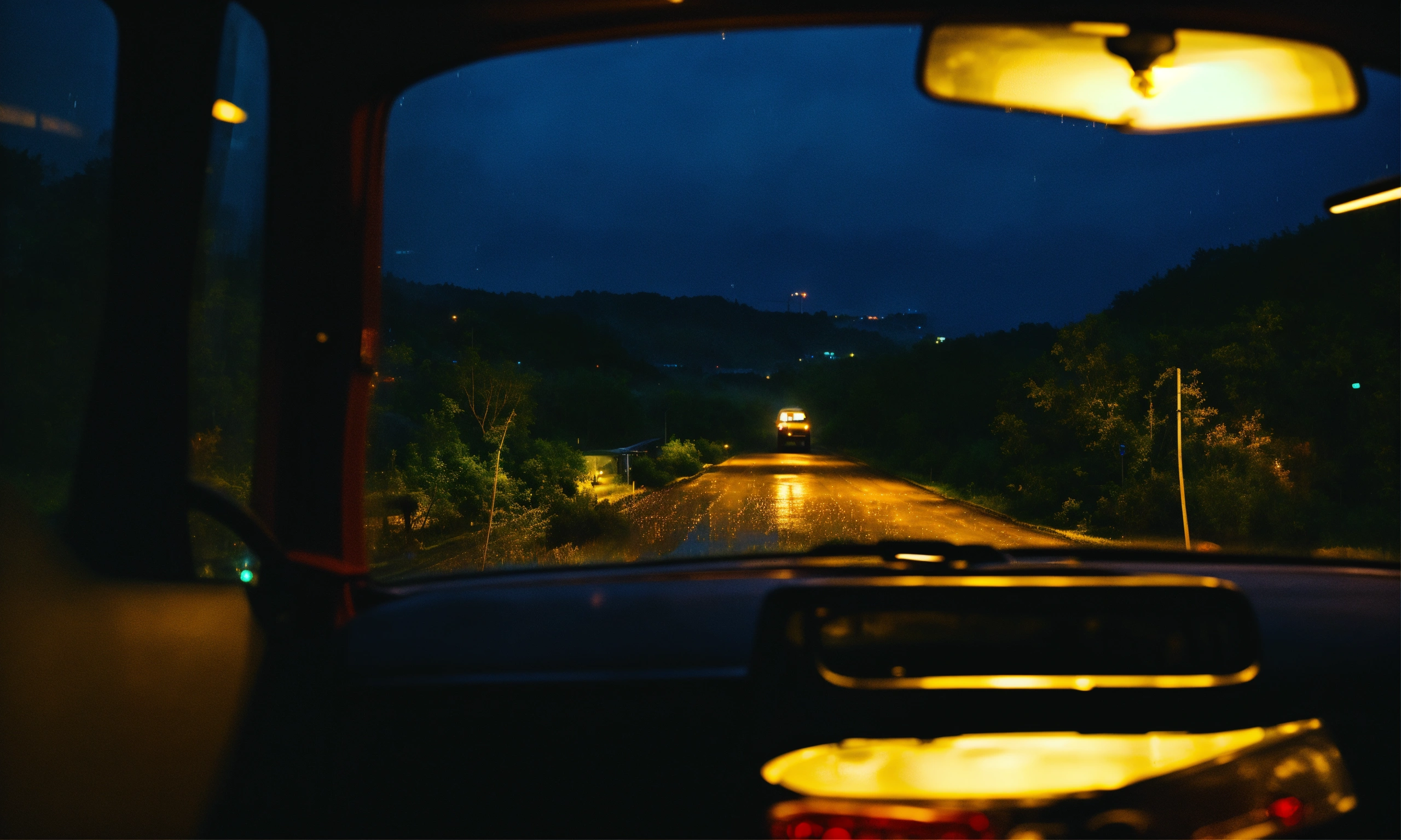 Lexica - Car rear window view, rainy glass, VW bus with high beams ...