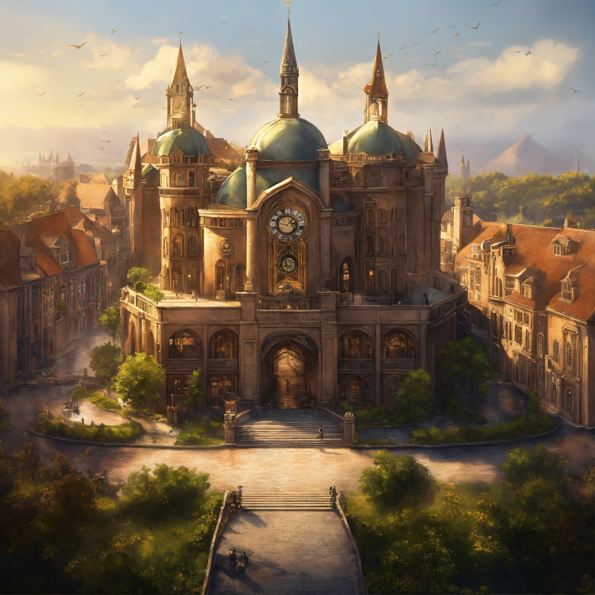 Lexica - Bird-view of a small fantasy city with a massive gothic ...