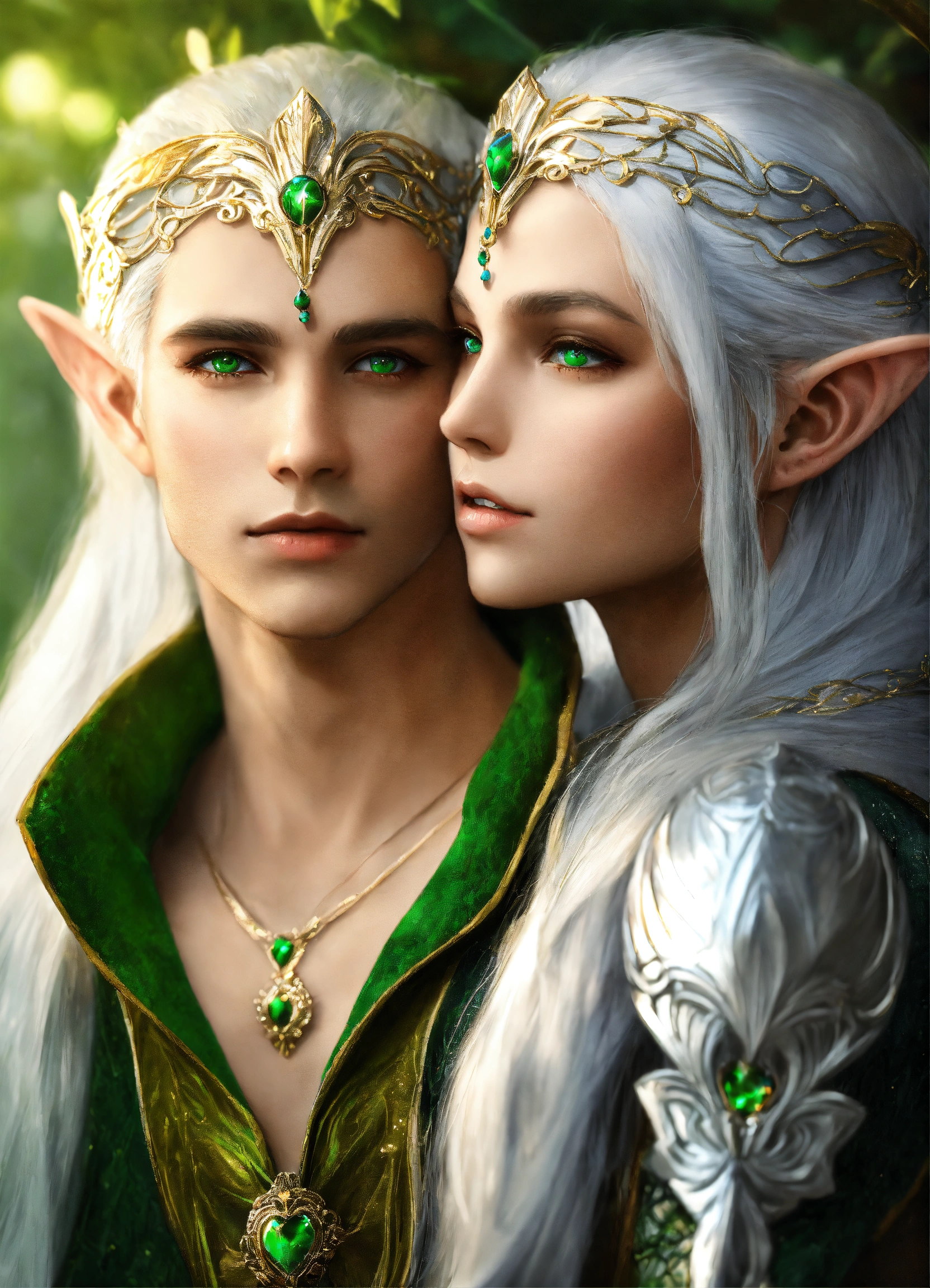 Lexica - Fantasy, man and woman, elf, gold skin, green eyes, silver ...