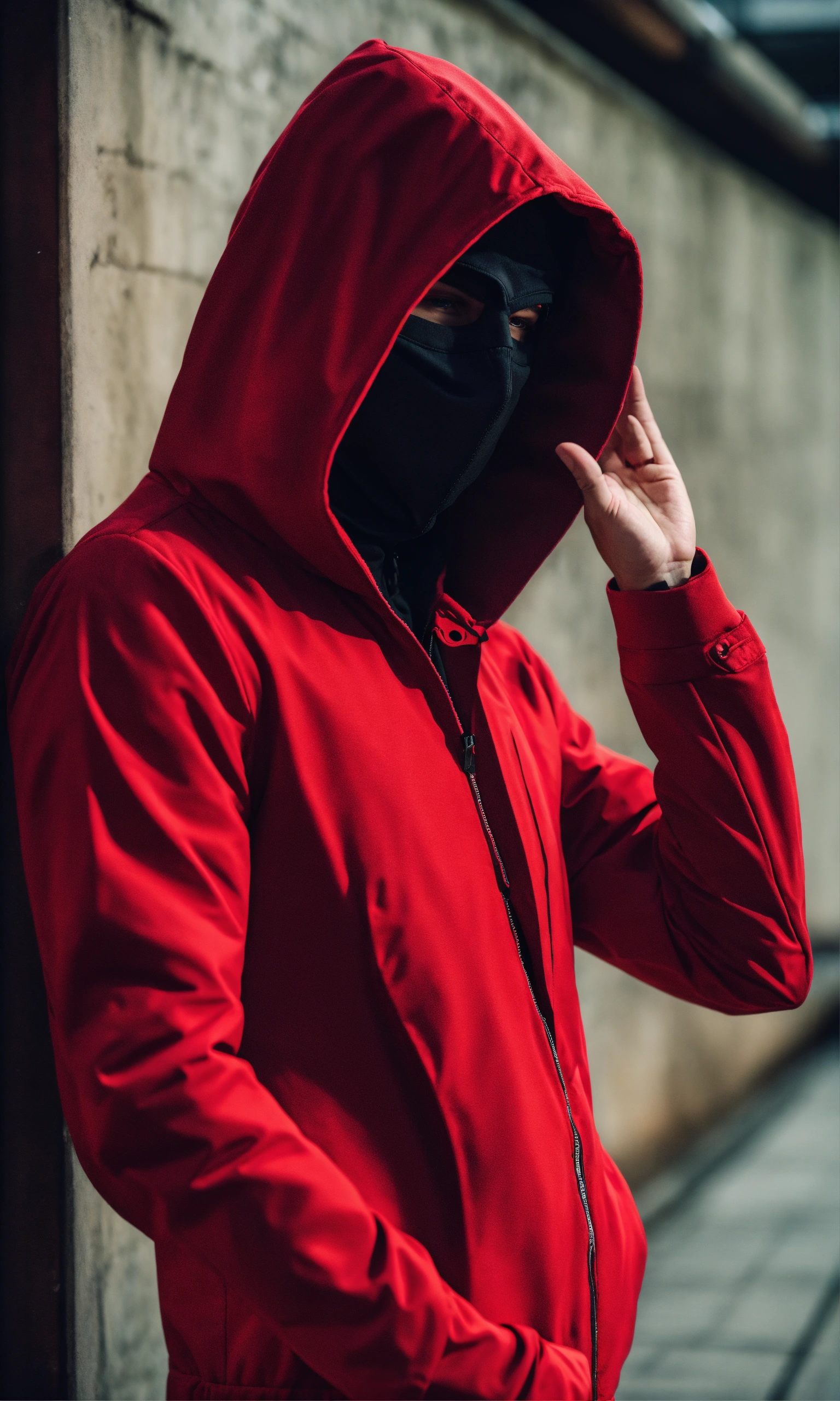 Lexica - Anonymous hacker in red jacket with dark hidden face with one ...