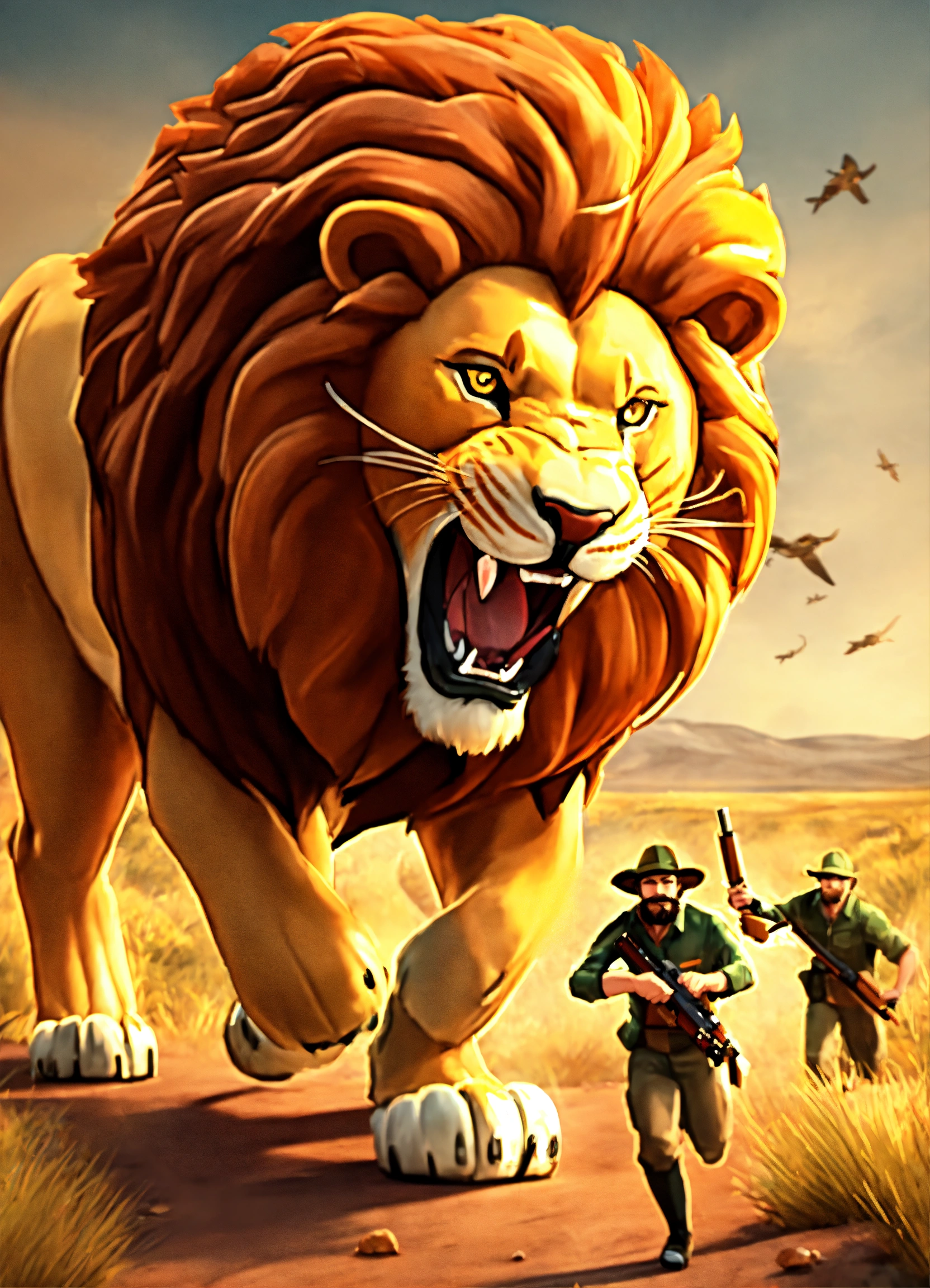 Lexica - 3d cartoon lion chasing men hunters