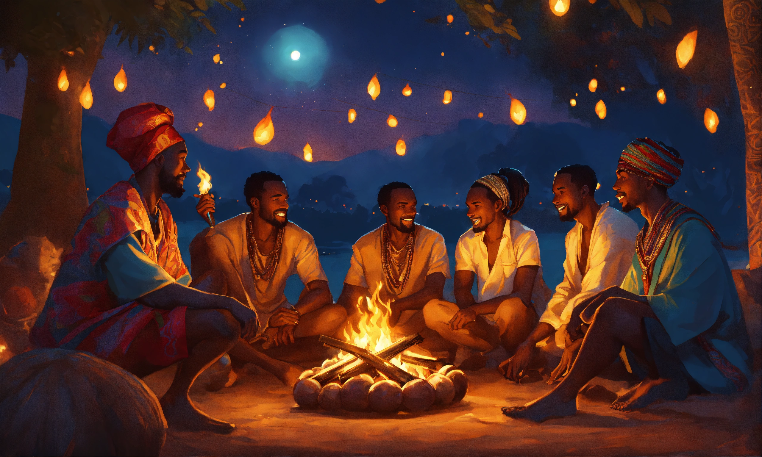 Lexica - 20 african village men and weman gathered around fire at night ...