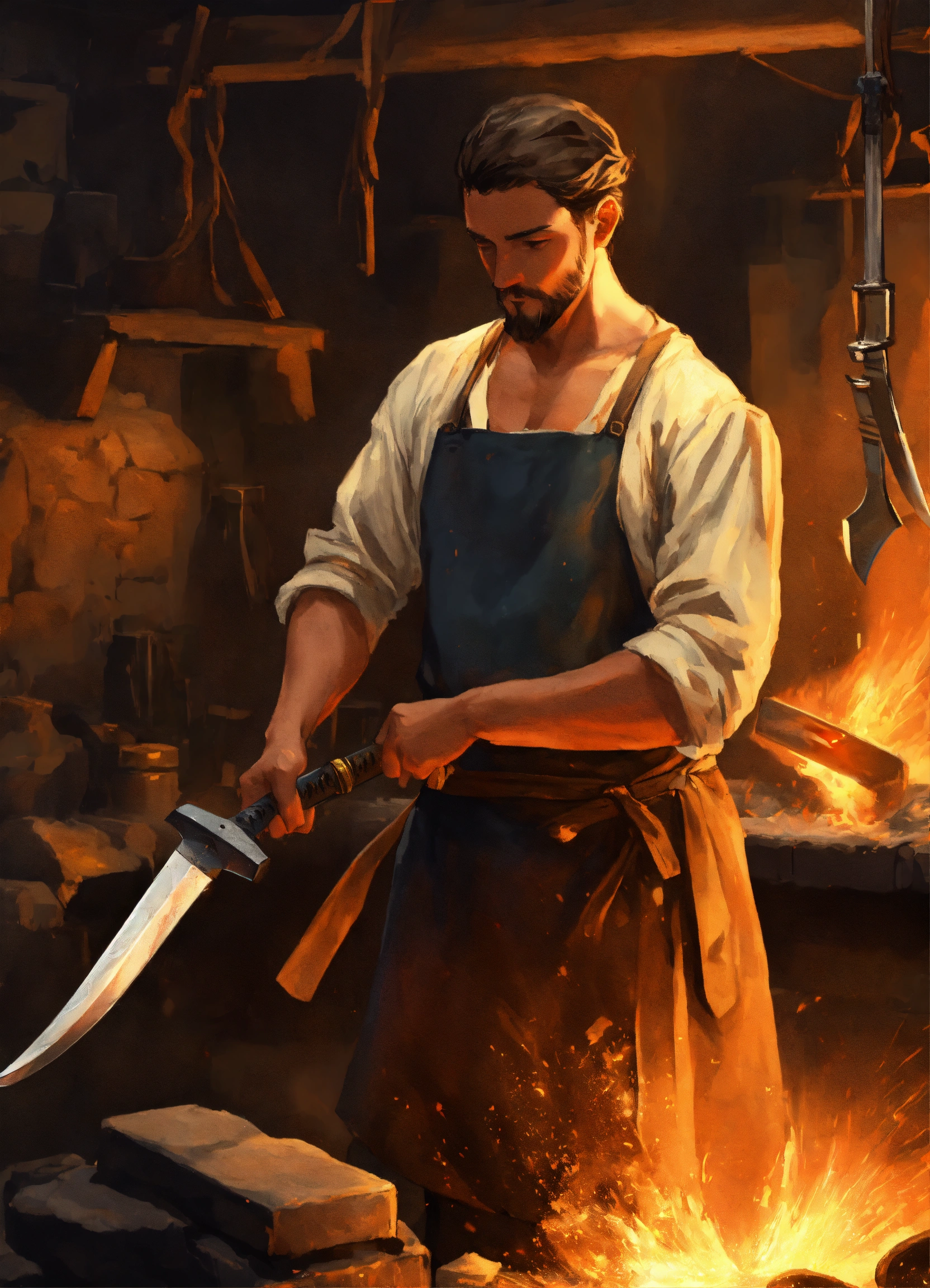 Lexica - A blacksmith, in loose clothing with an apron, removing a ...