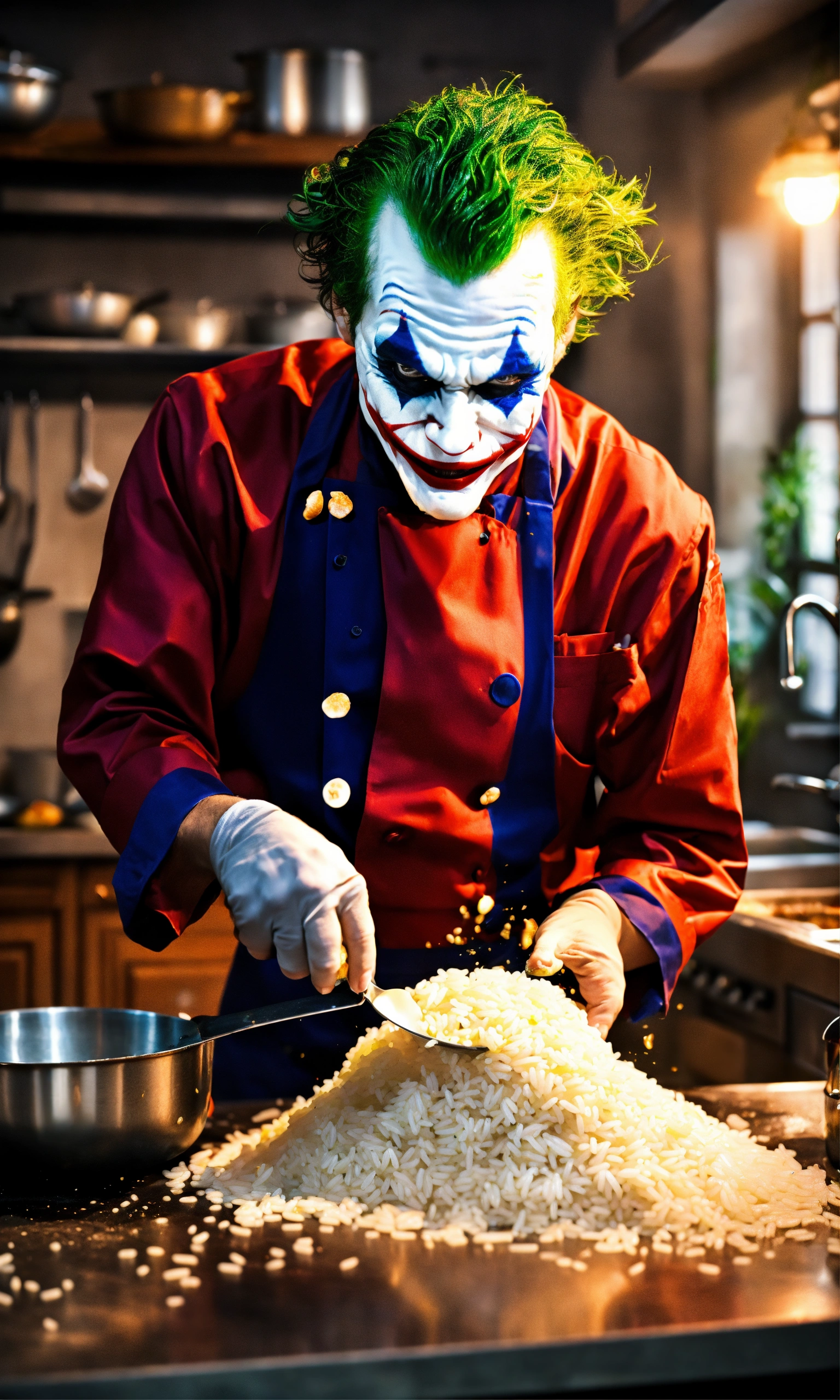 Lexica - Realistic, joker becomes a chef, coocking rice in the kitchen ...