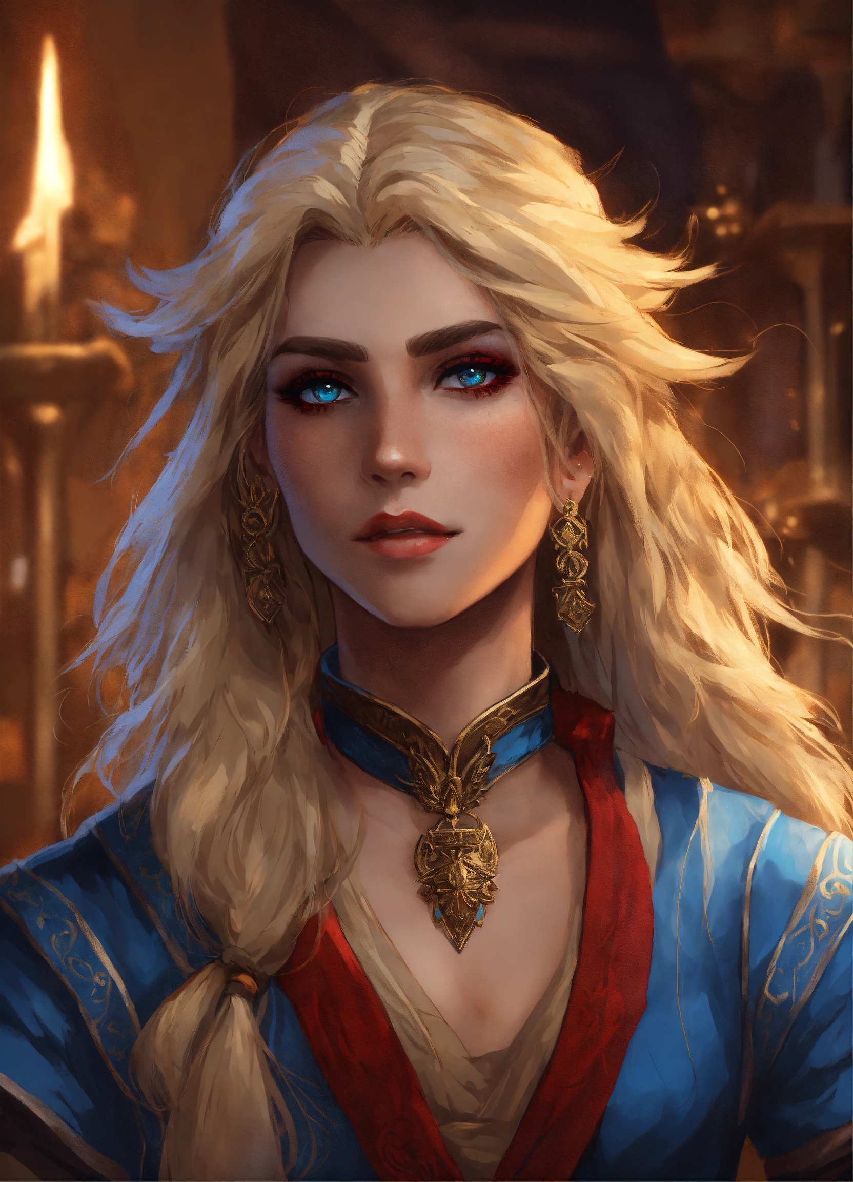 Lexica - Androgynous dwarf bard, long blond hair, blue makeup, brown ...
