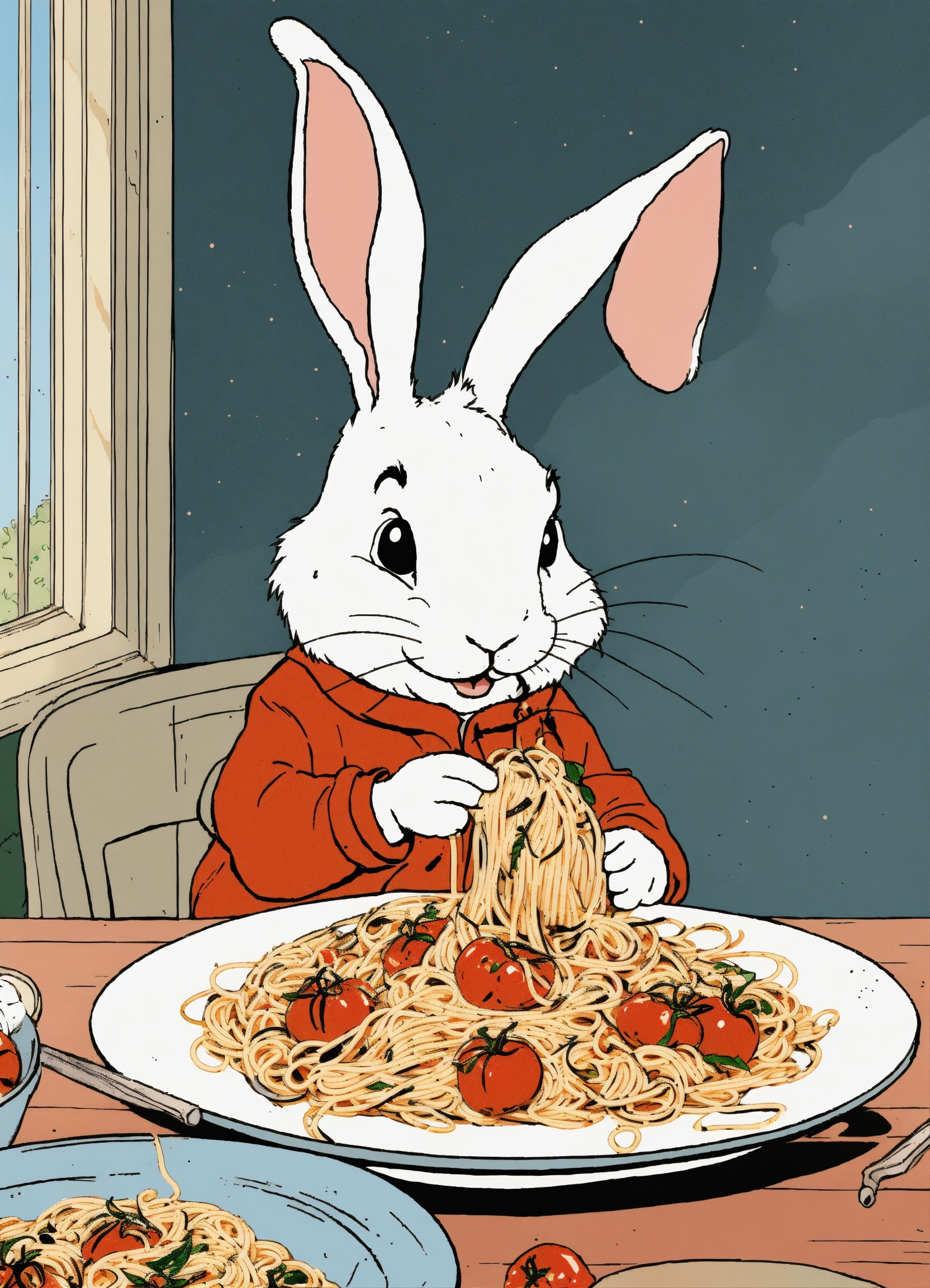 Lexica - A cute white with brown spots rabbit eating messy spaghetti ...