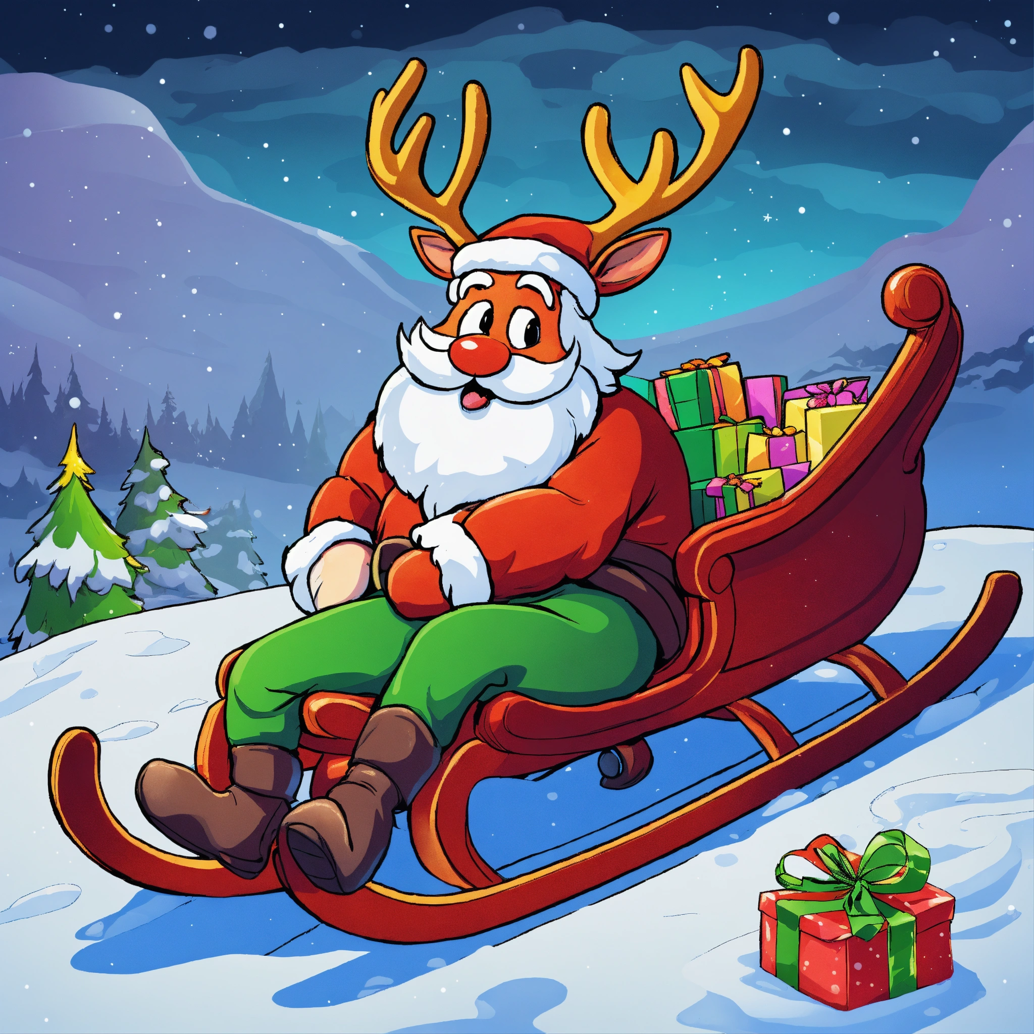 Lexica - Santa Claus's reindeer sick and sad, lying down on ice, in ...