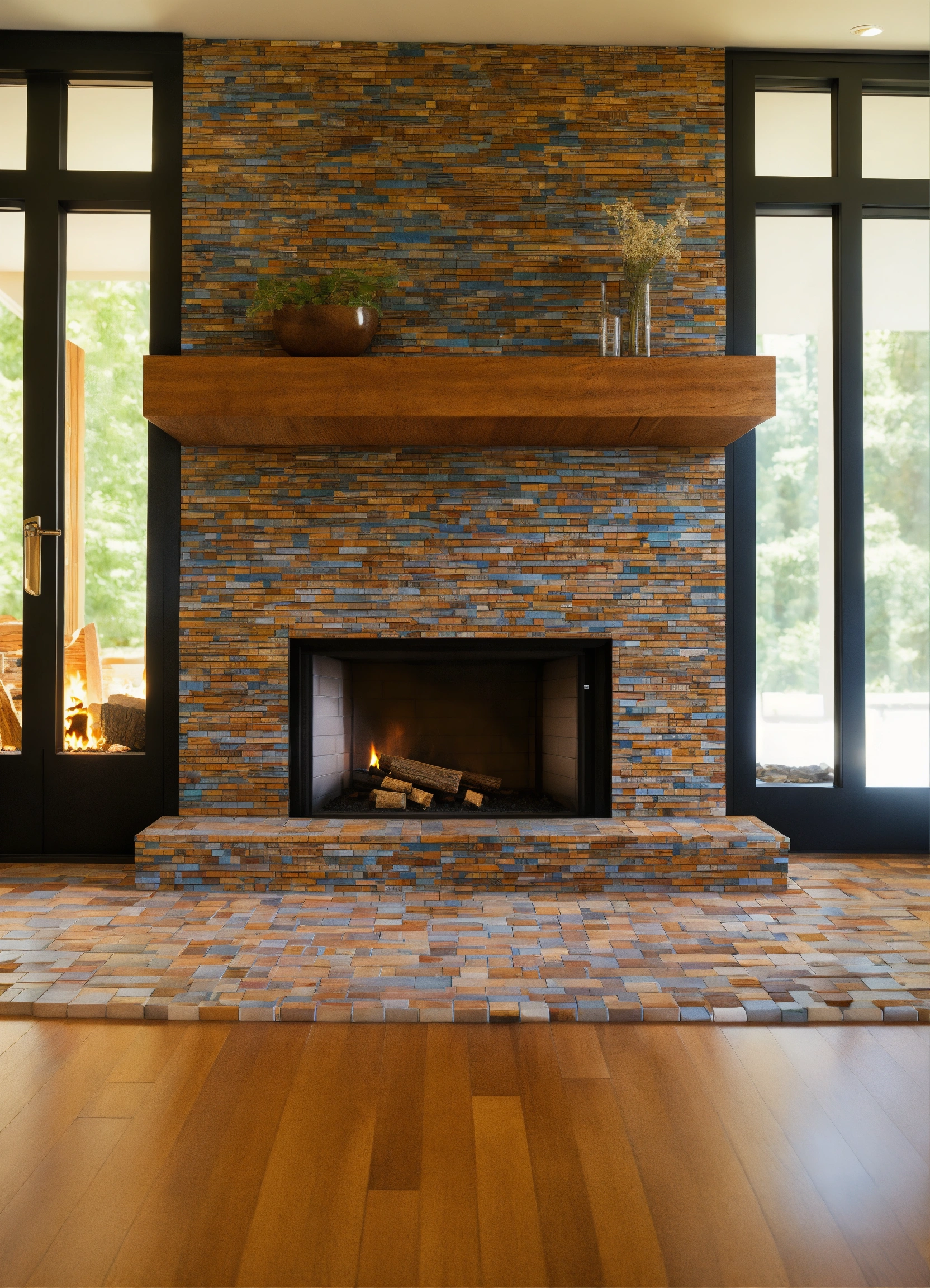 Lexica - A floating, natural wood mantle over a fireplace, mosaic tiles ...