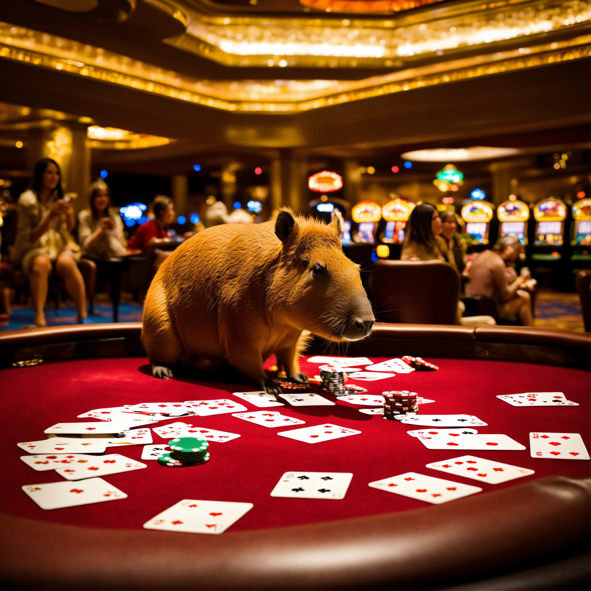 Lexica - Photo of a group of capybaras playing cards in a casino in Las ...