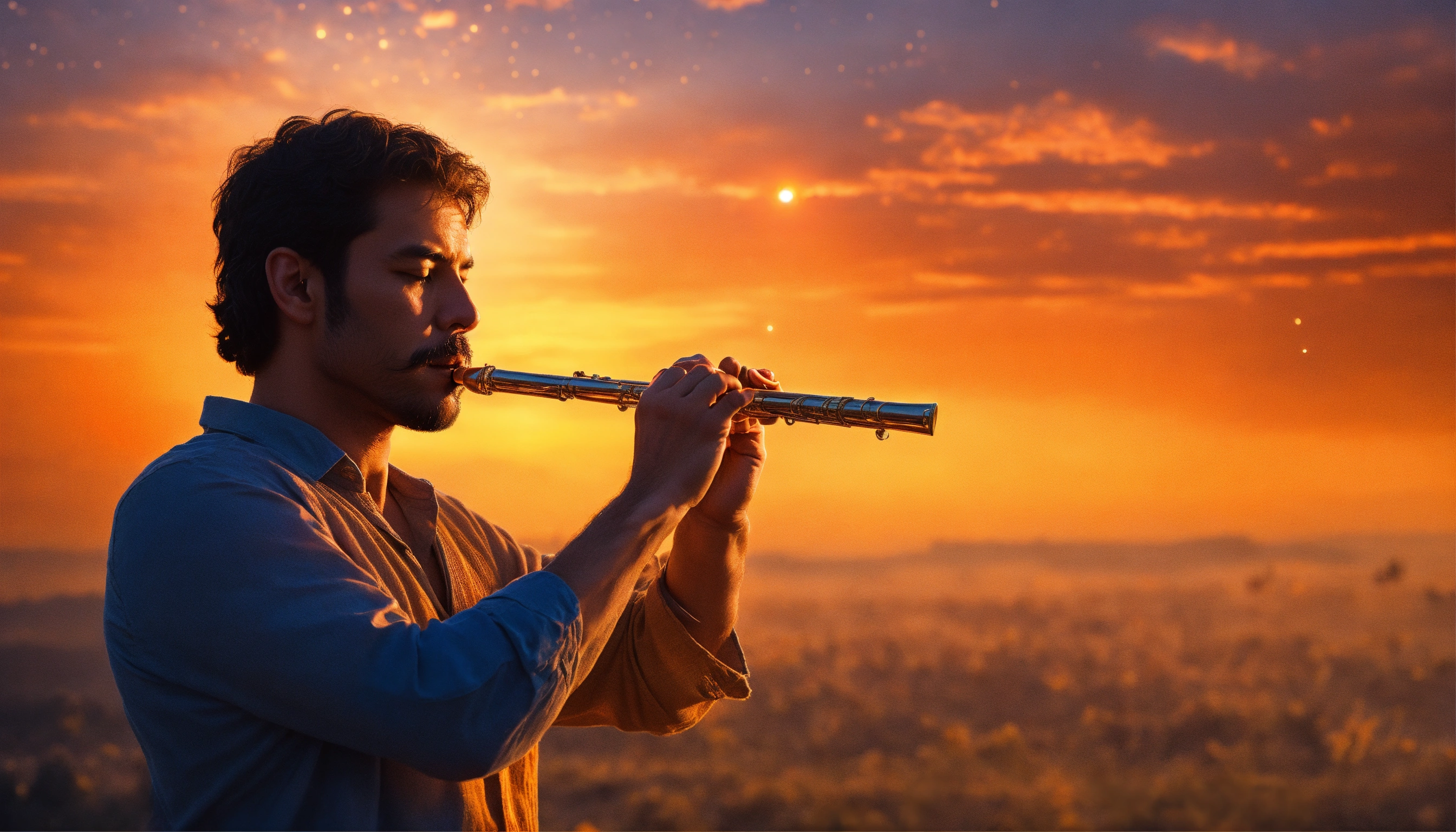 Lexica - A handsome man playing a small flute, bright universe, bright ...