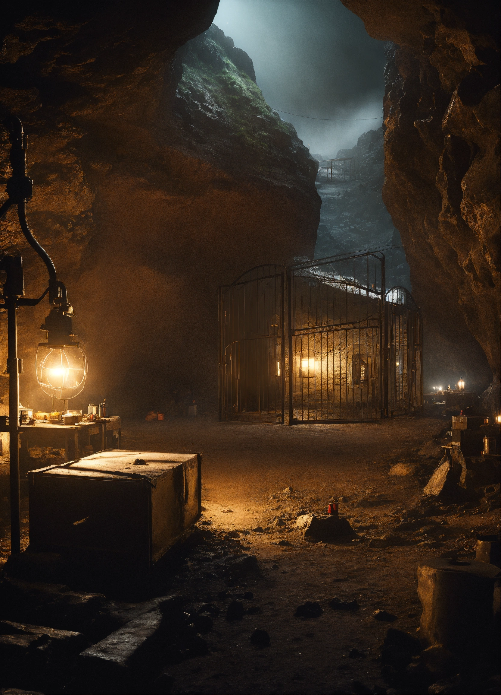 Lexica - A refugee camp inside a dark cave. Large metal clockwork gates ...