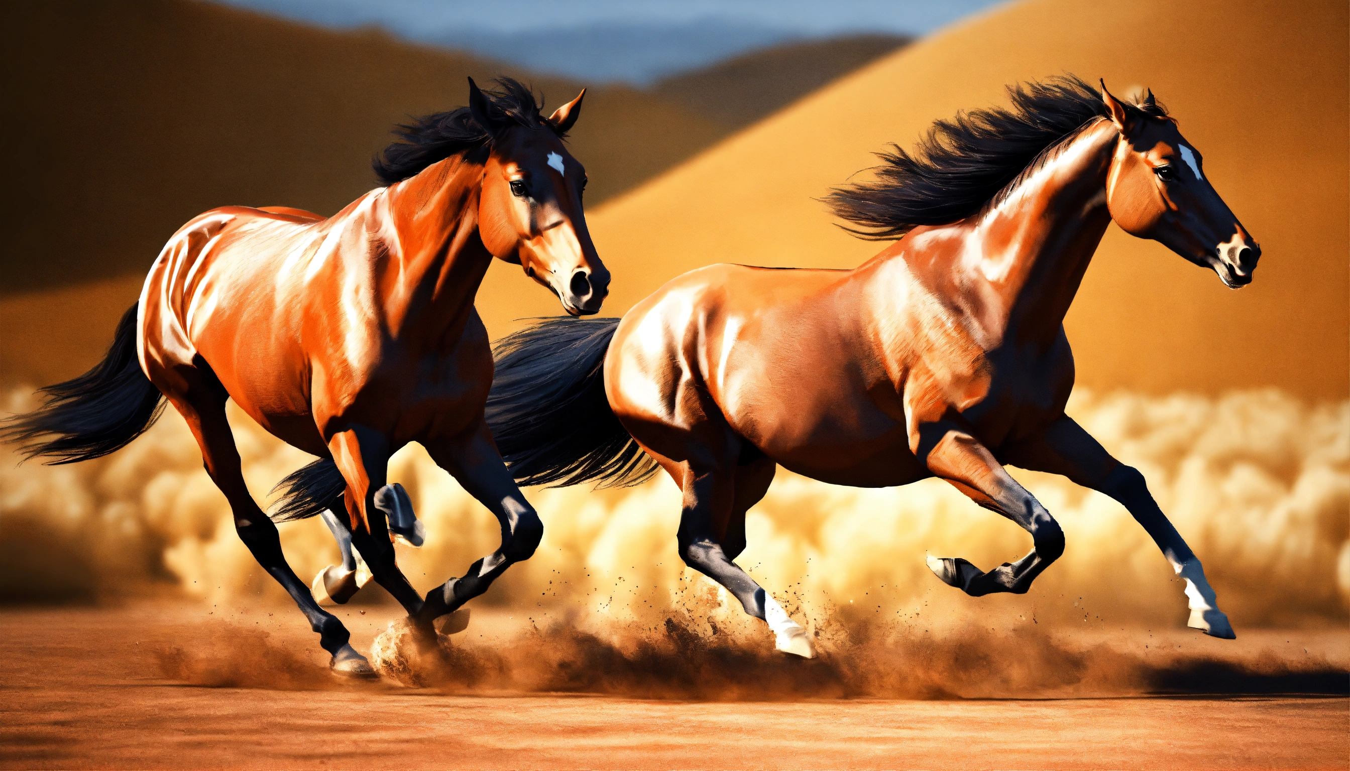 Lexica - Two wild horses side on profile galloping running 3d render photo
